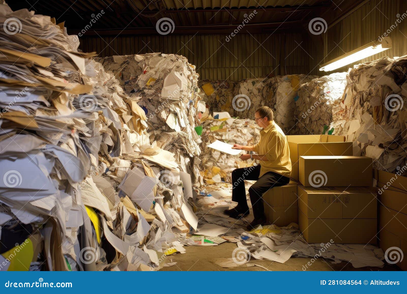 Worker Sorting through Piles of Paper for Recycling Stock Illustration ...