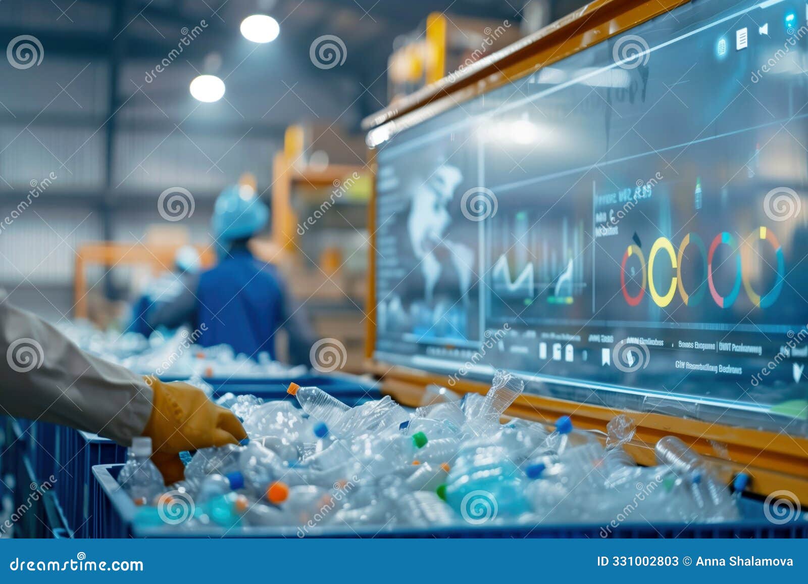 Worker Sorting Plastic Bottles into a Bin with a Digital Screen ...