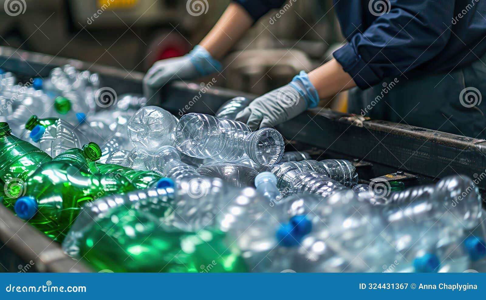 Worker Sorting Plastic Bottles at Recycling Facility for Environmental ...
