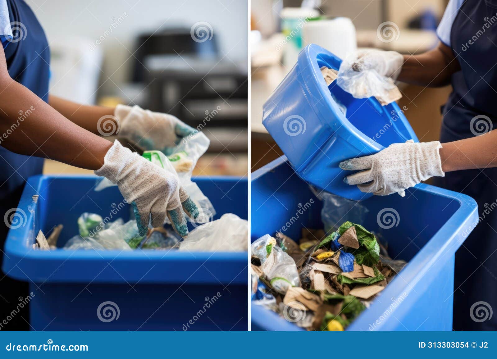 Worker Sorting Recyclables Attentively in a Blue Bin, Showcasing Waste ... Worker Sorting Recyclables Attentively in a Blue Bin, Showcasing Waste ...