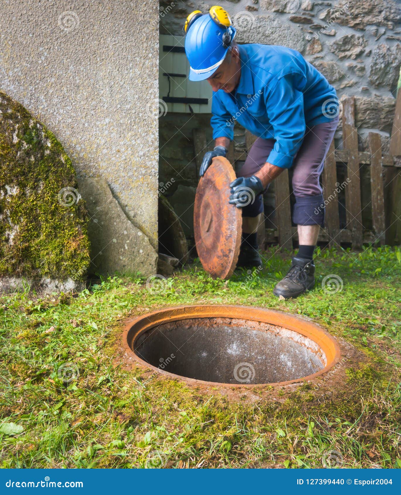 A Worker Opens a Manhole in To Descend Underground Stock Photo - Image ...