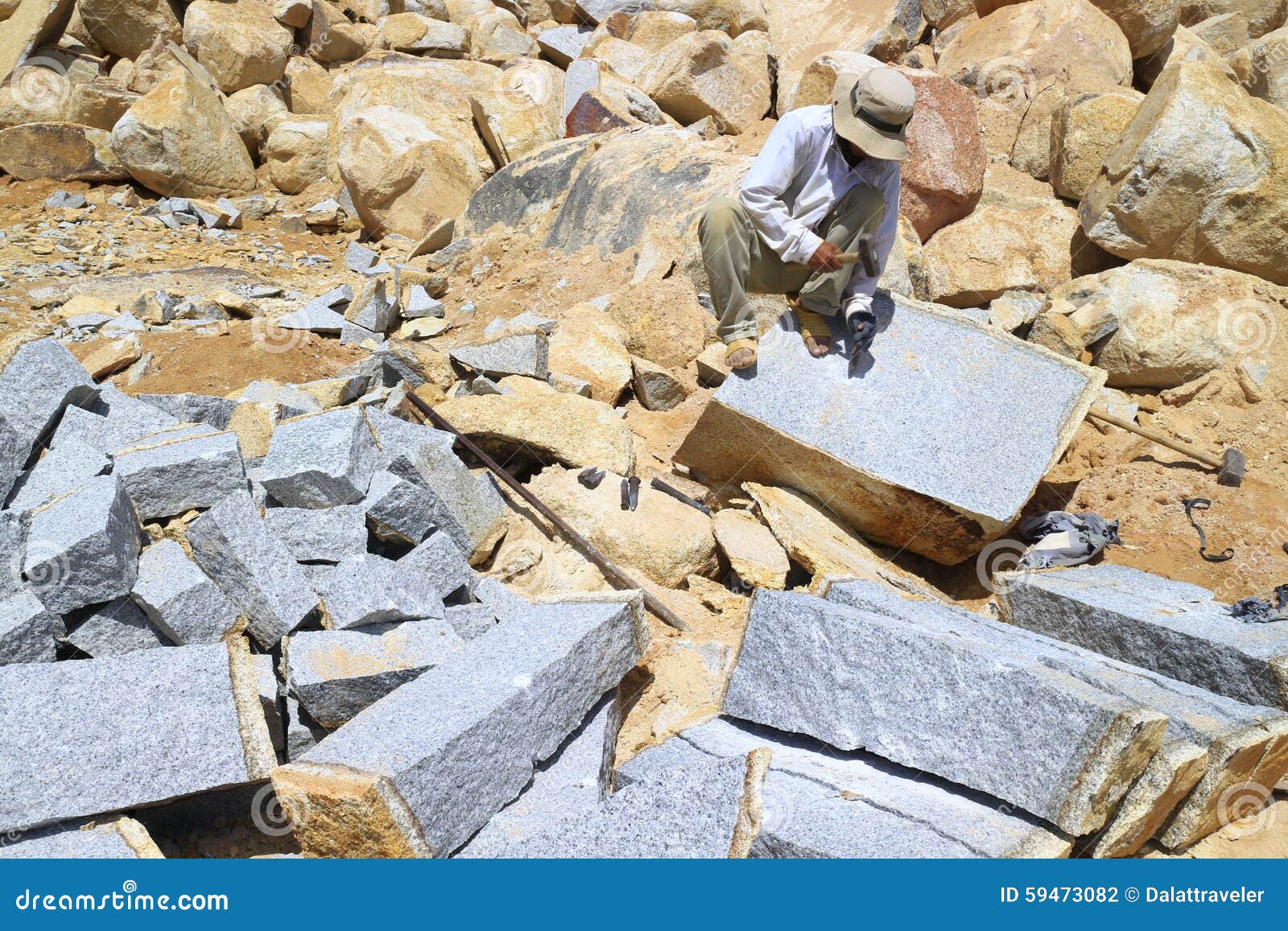Worker with Splitter on Hand Try To Split Stone Editorial Photography ...