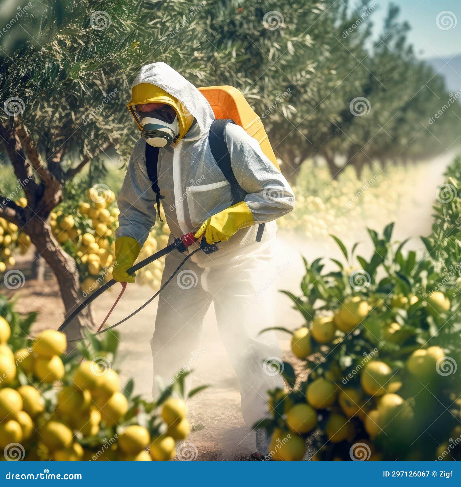 Worker Spraying Lemons in an Orchard Stock Illustration - Illustration ...
