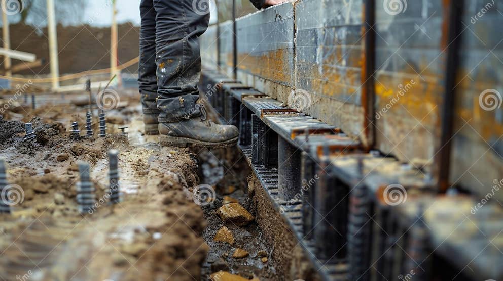A Worker Standing at the Edge of the Trench Observing the Progress and ...