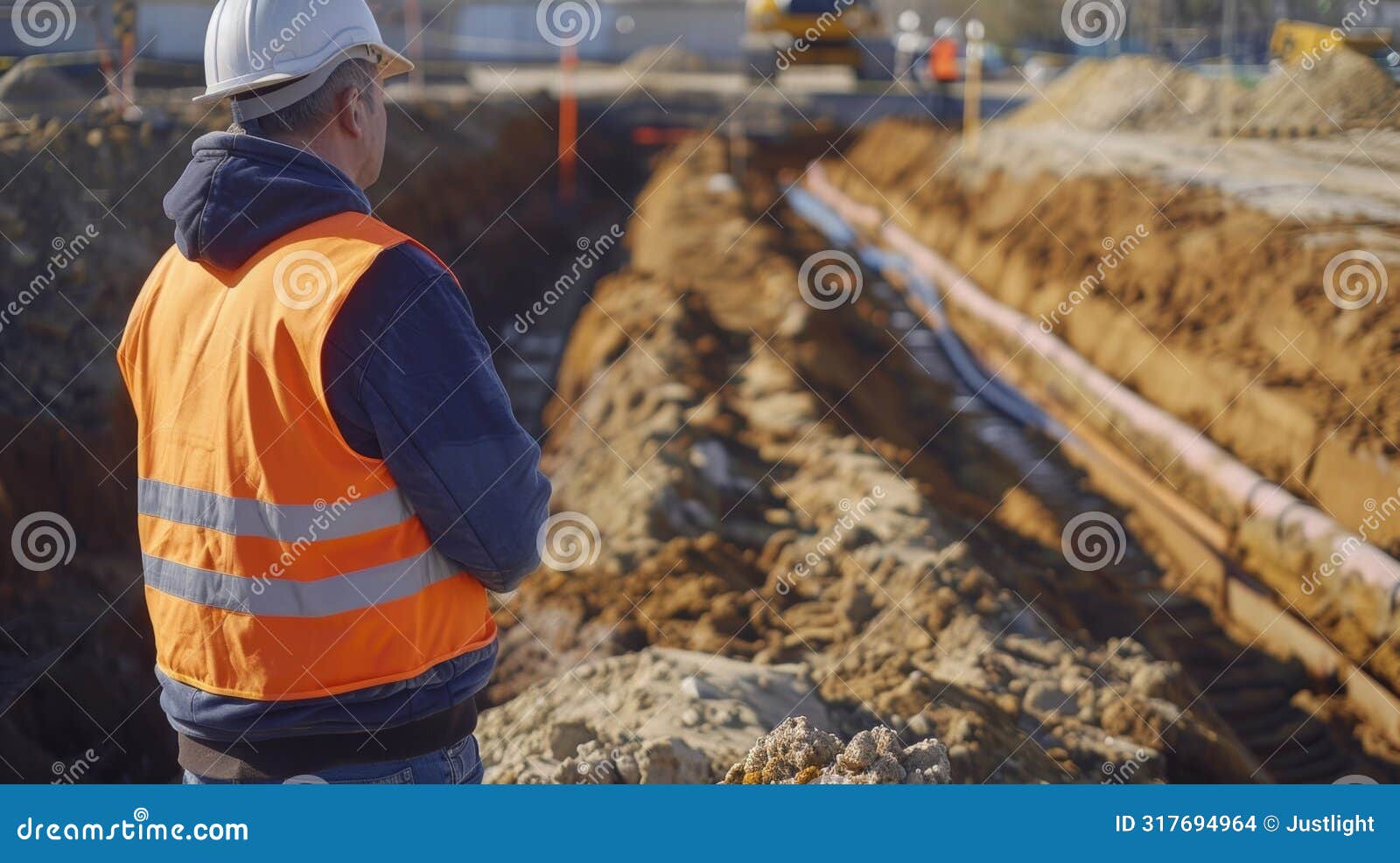 A Worker Standing at the Edge of the Trench Observing the Progress and ...