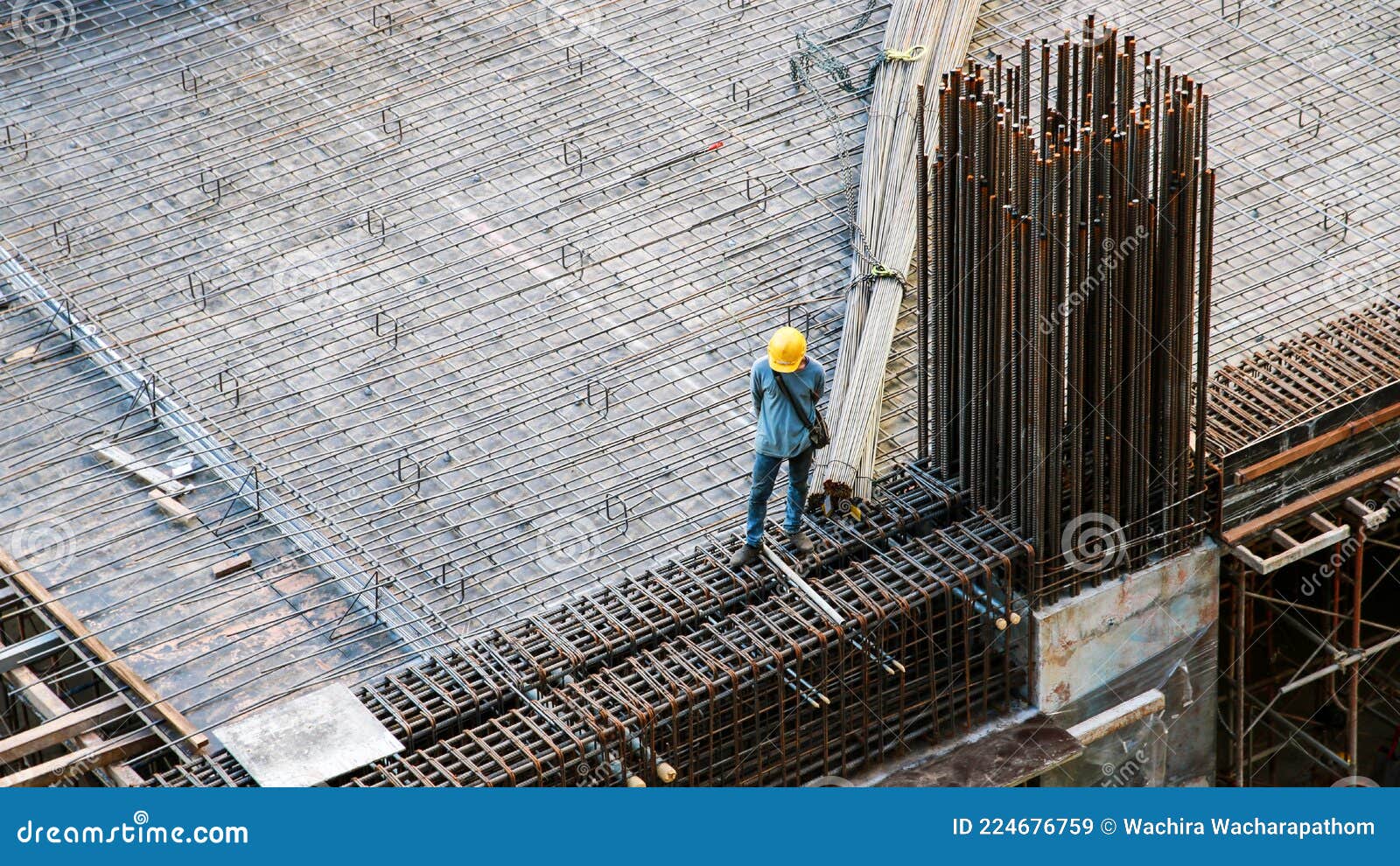 Worker Standing on the Reinforcing Bar Structure at the Construction ...