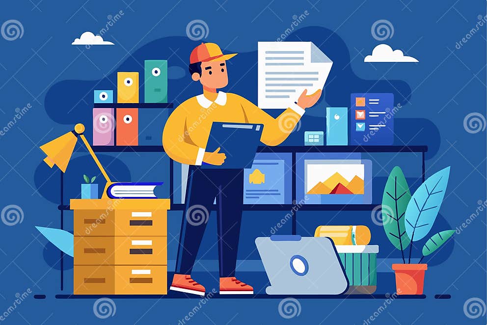 A Worker Stands in a Colorful Office Space, Sorting Documents and ...