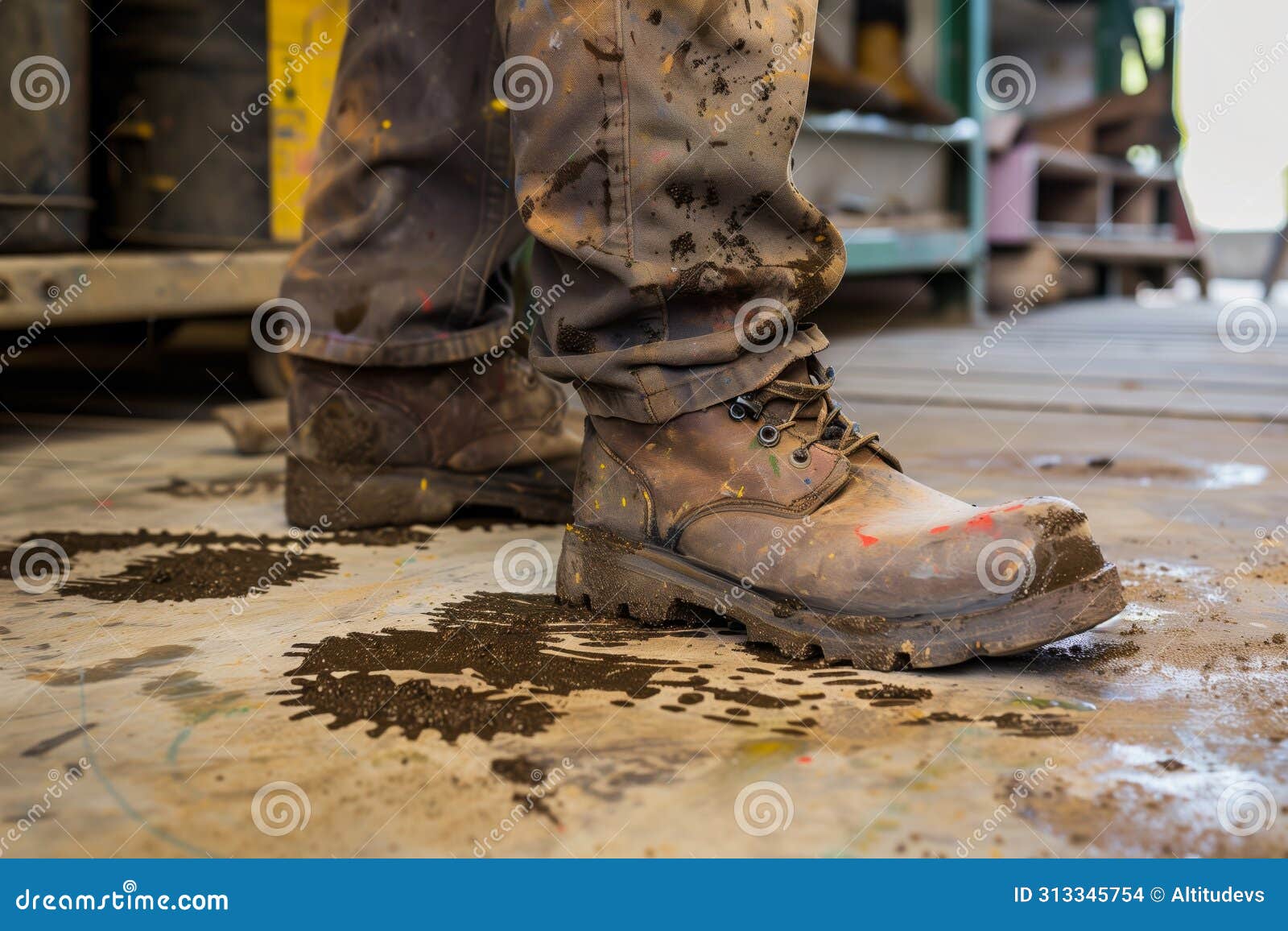 Worker Stepping in with Paintsoiled Boots Leaving Prints Stock ...