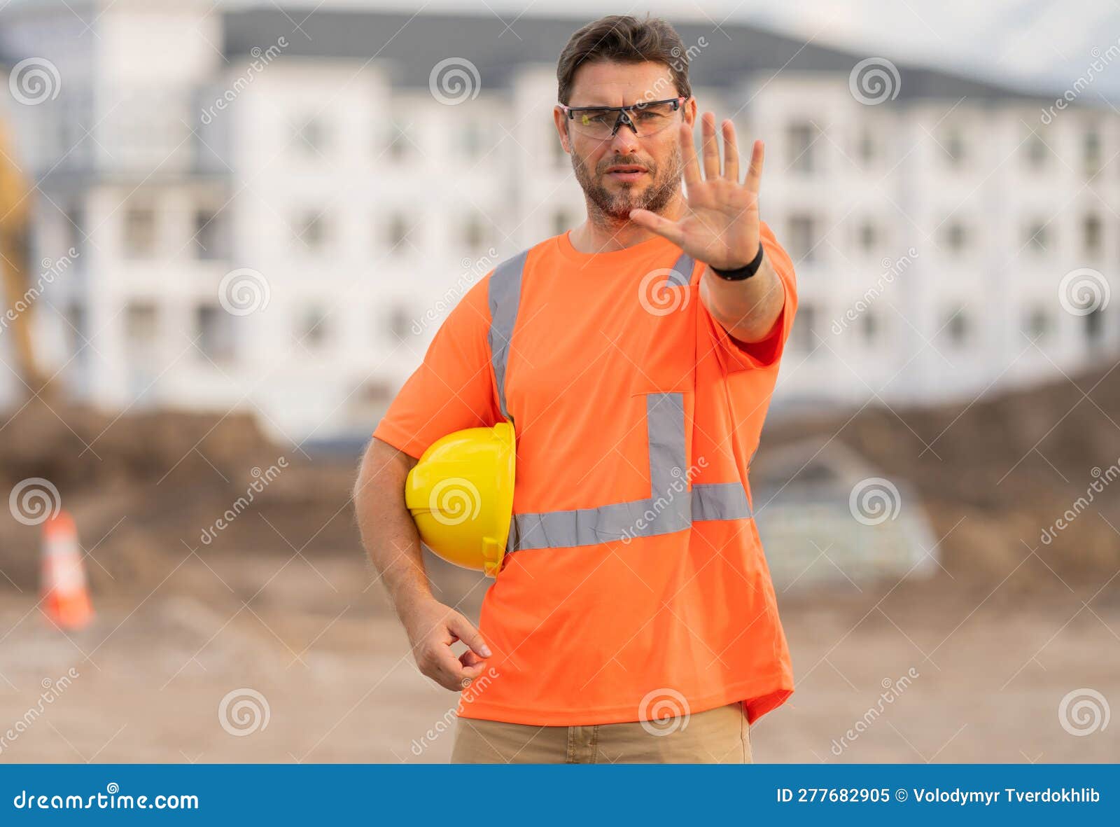 Worker with Stop Hand Gesture. Hispanic Man Construction Worker in ...