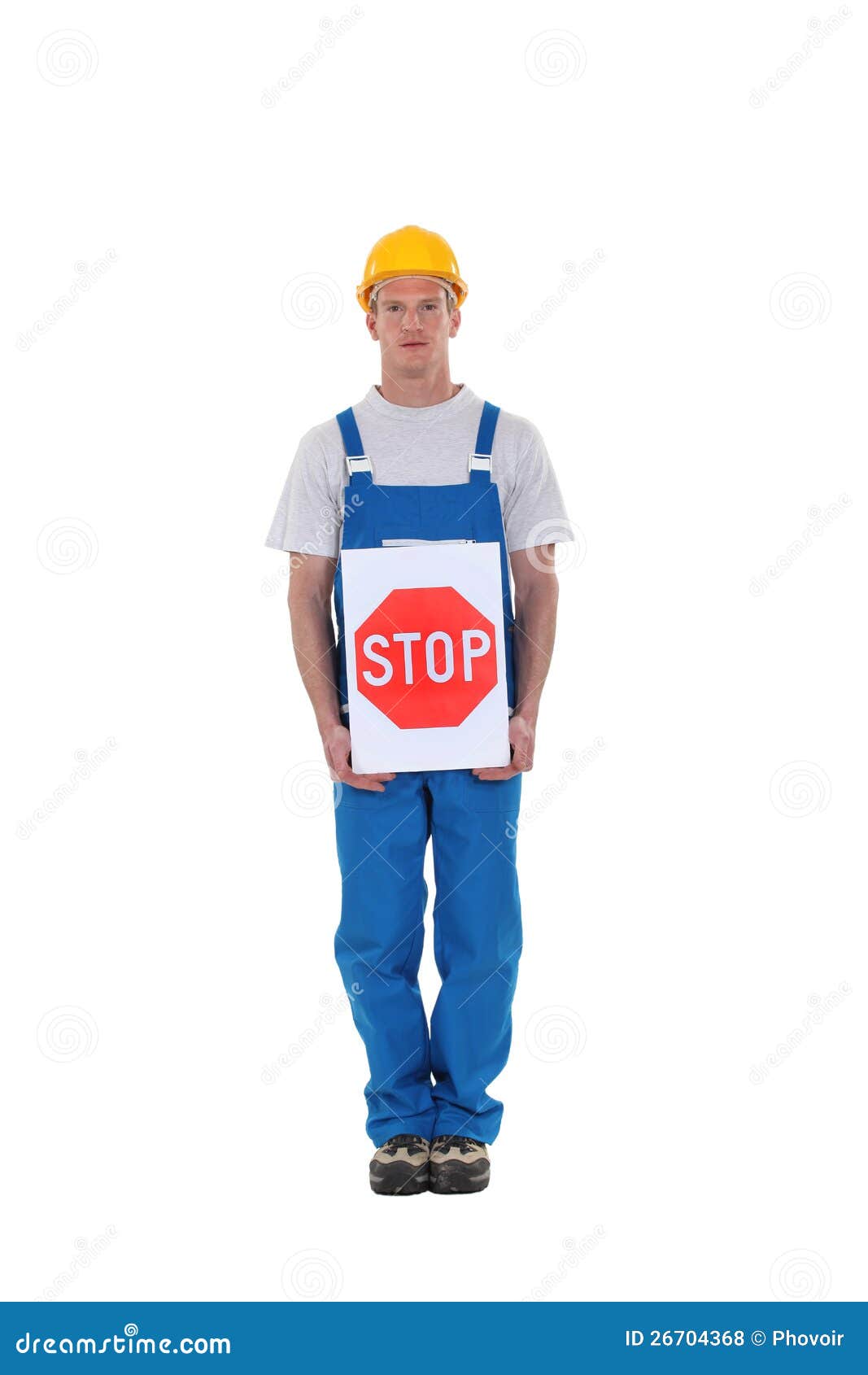 Worker with a stop sign stock photo. Image of level, brick - 26704368