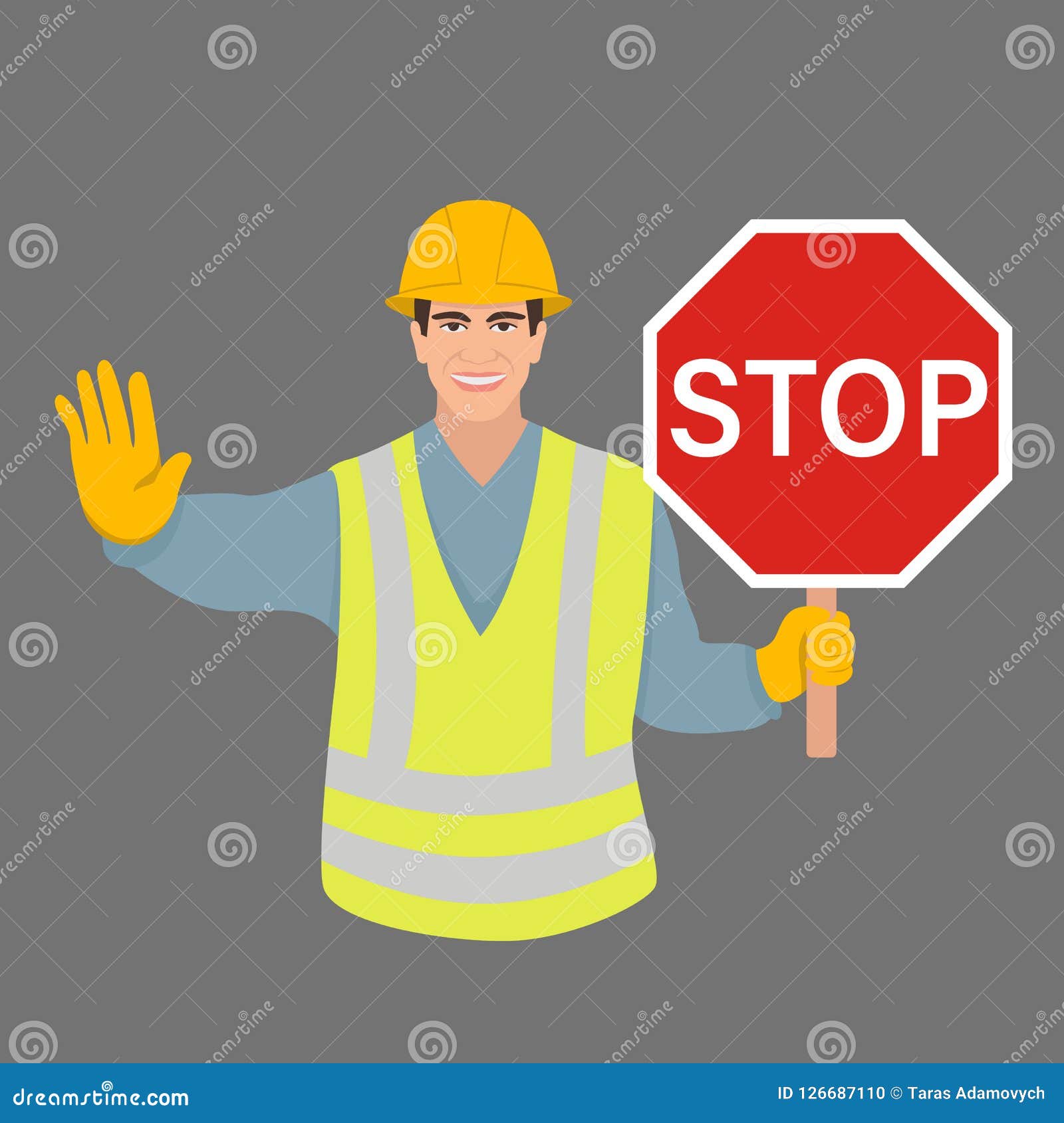 Worker with a Stop Sign Vector Illustration Flat Style Front Stock ...
