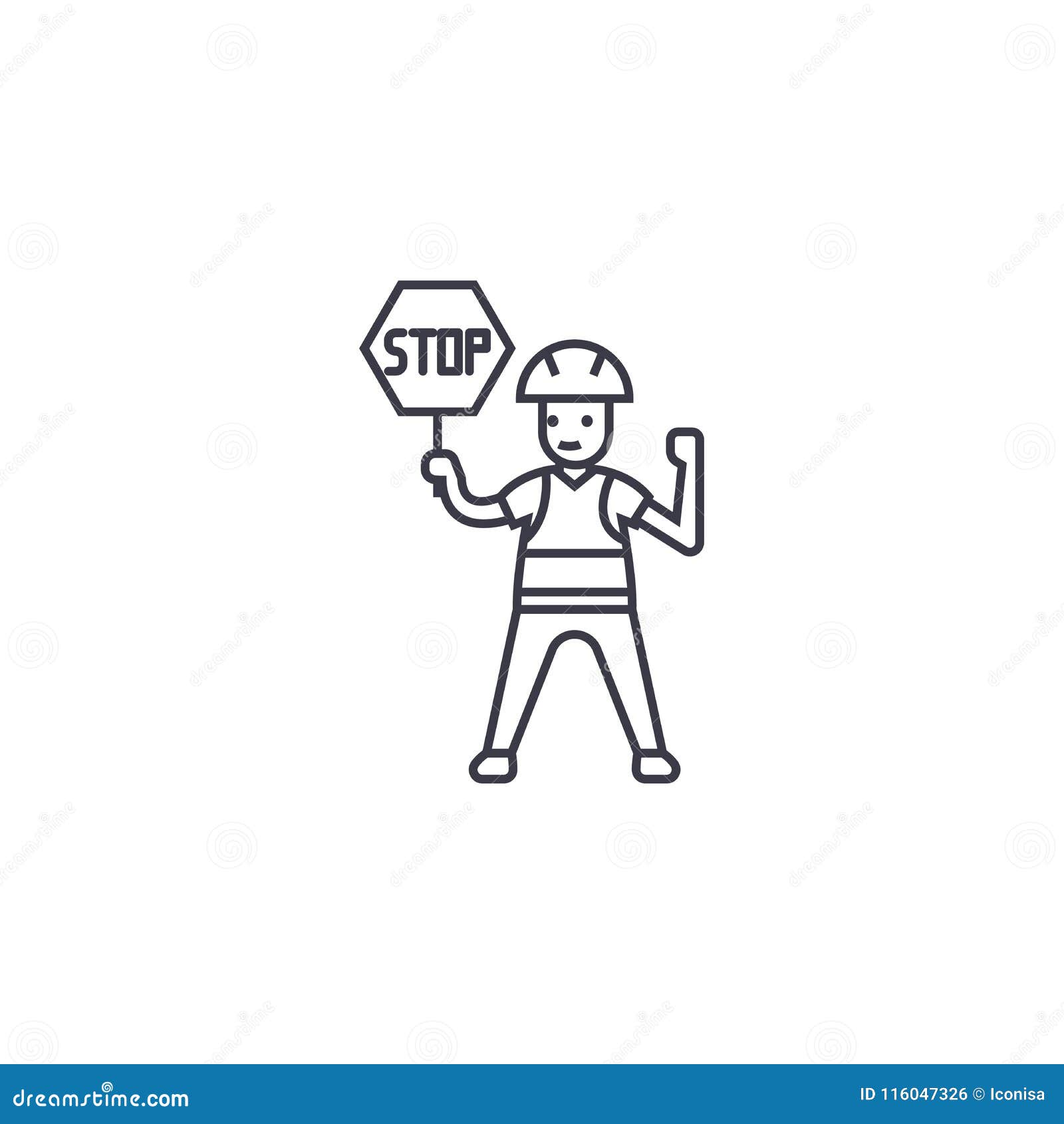 Worker with a Stop Sign Vector Line Icon, Sign, Illustration on ...