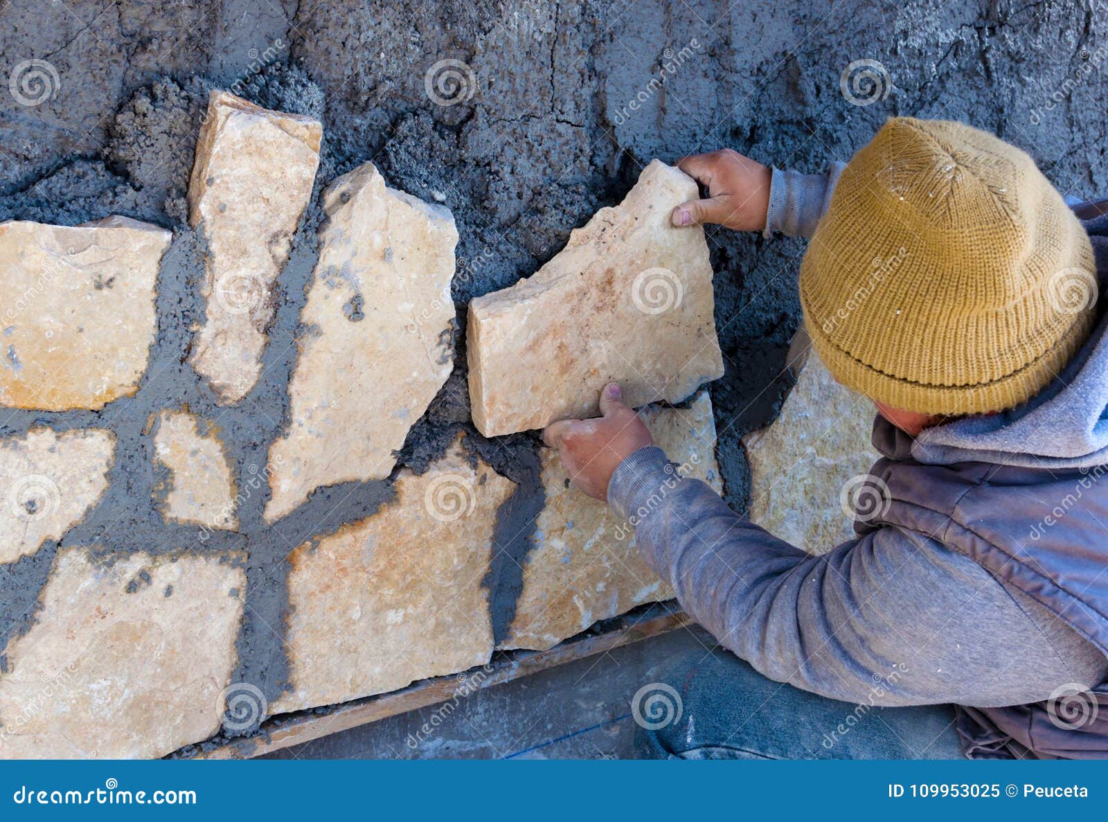 Worker Stuck Stone Cladding on the Facade. Stock Image - Image of ...