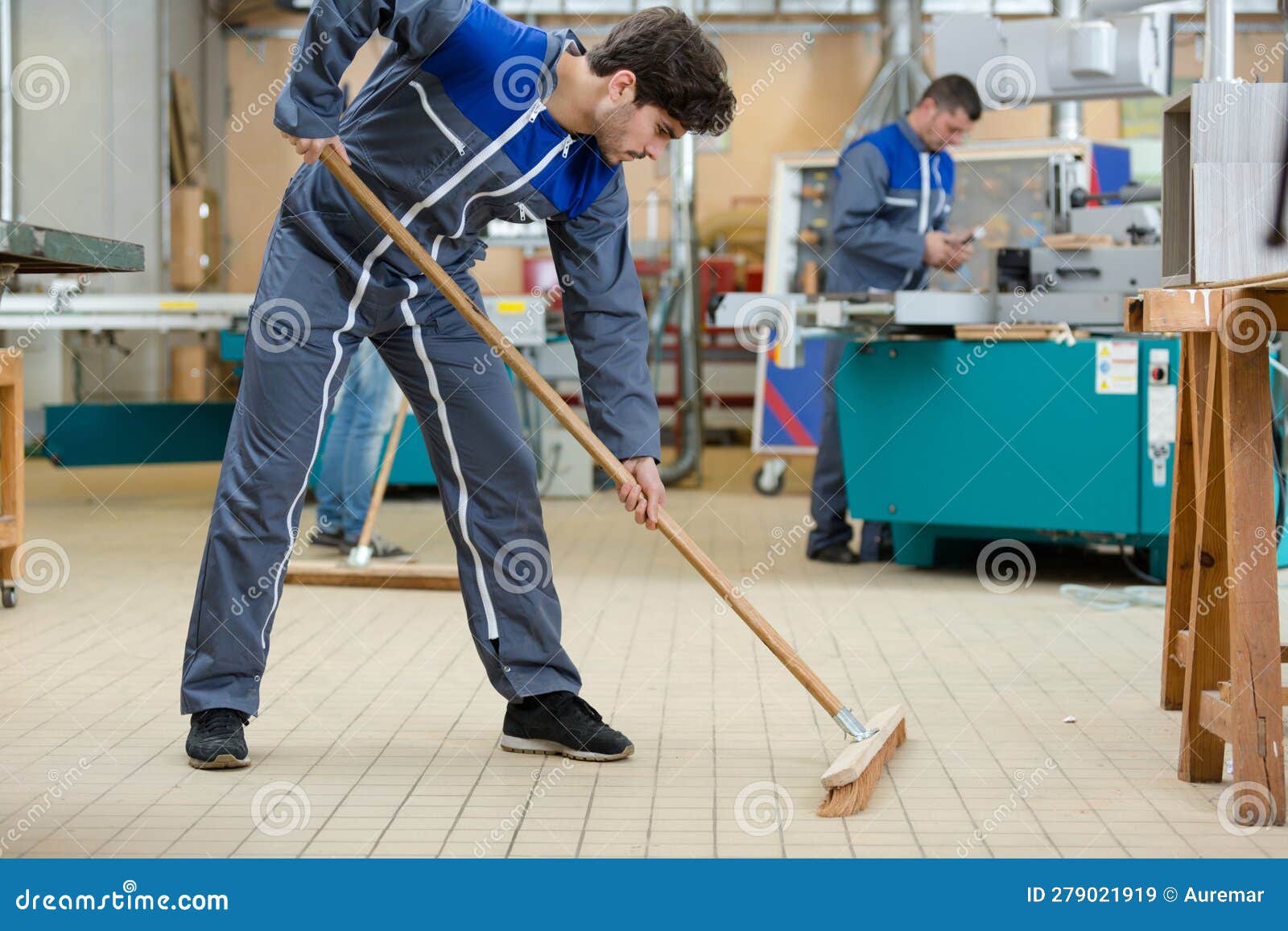 Worker Sweeping Dirt on Workshop Stock Image - Image of working, object ...