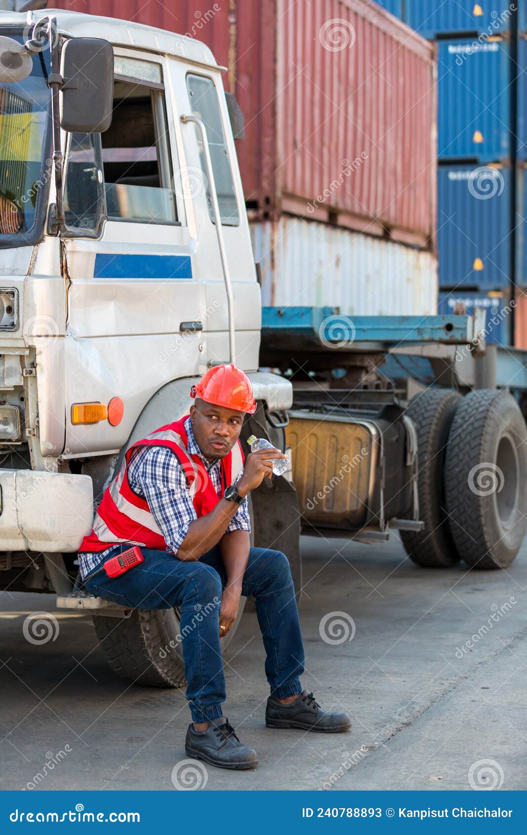 Worker Taking a Rest on Truck and Dinking Water. Stock Image - Image of ...