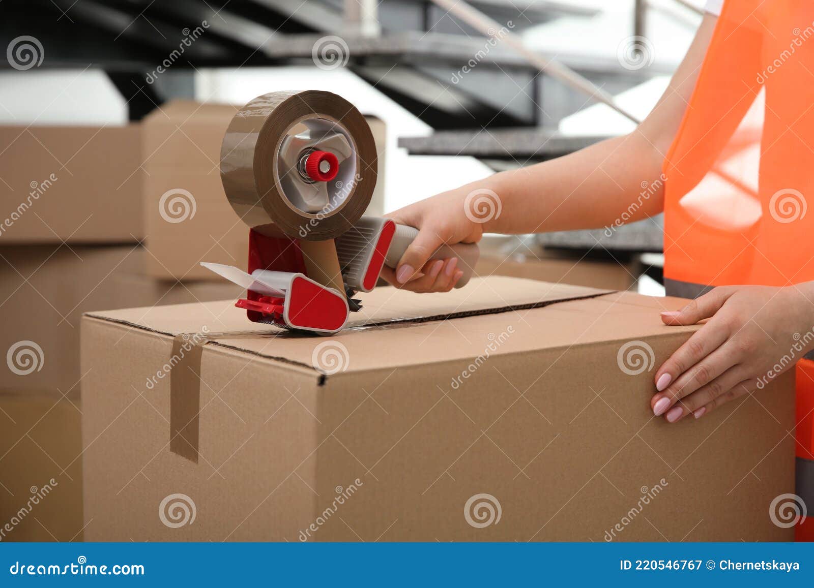 Worker Taping Cardboard Box Indoors, Closeup View Stock Image - Image ...