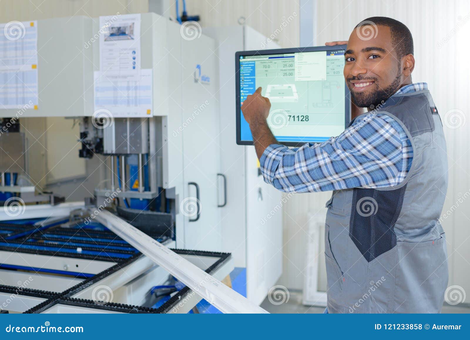 Worker tapping the screen stock photo. Image of input - 121233858