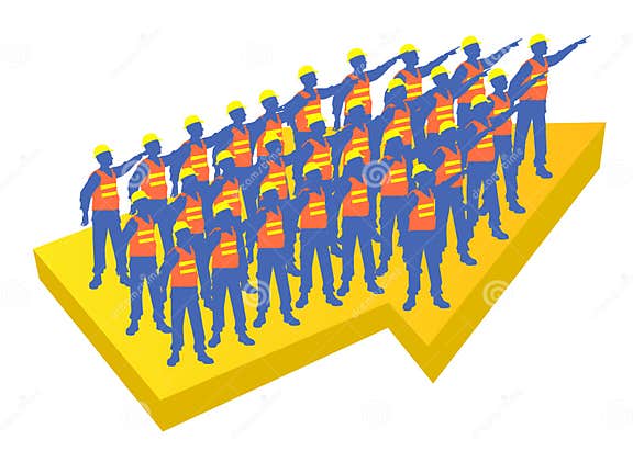 Worker Team Pointing To the Same Direction upon an Yellow Arrow Stock ...
