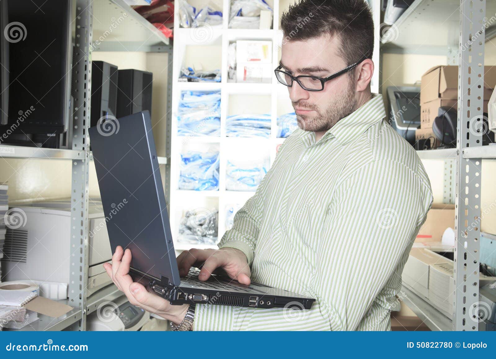 Worker Technician at Work with Computer Stock Photo - Image of server ...
