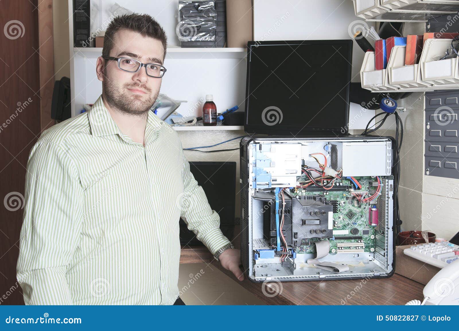 Worker Technician at Work with Computer Stock Image - Image of ...