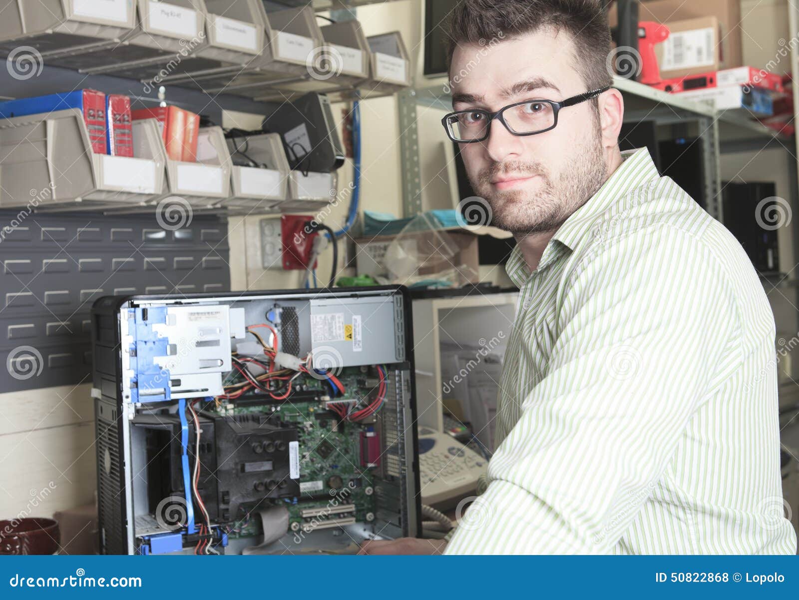 Worker Technician at Work with Computer Stock Photo - Image of system ...