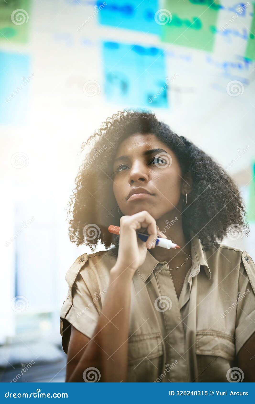 Worker, Thinking and Black Woman at Board with Planning, Creative ...