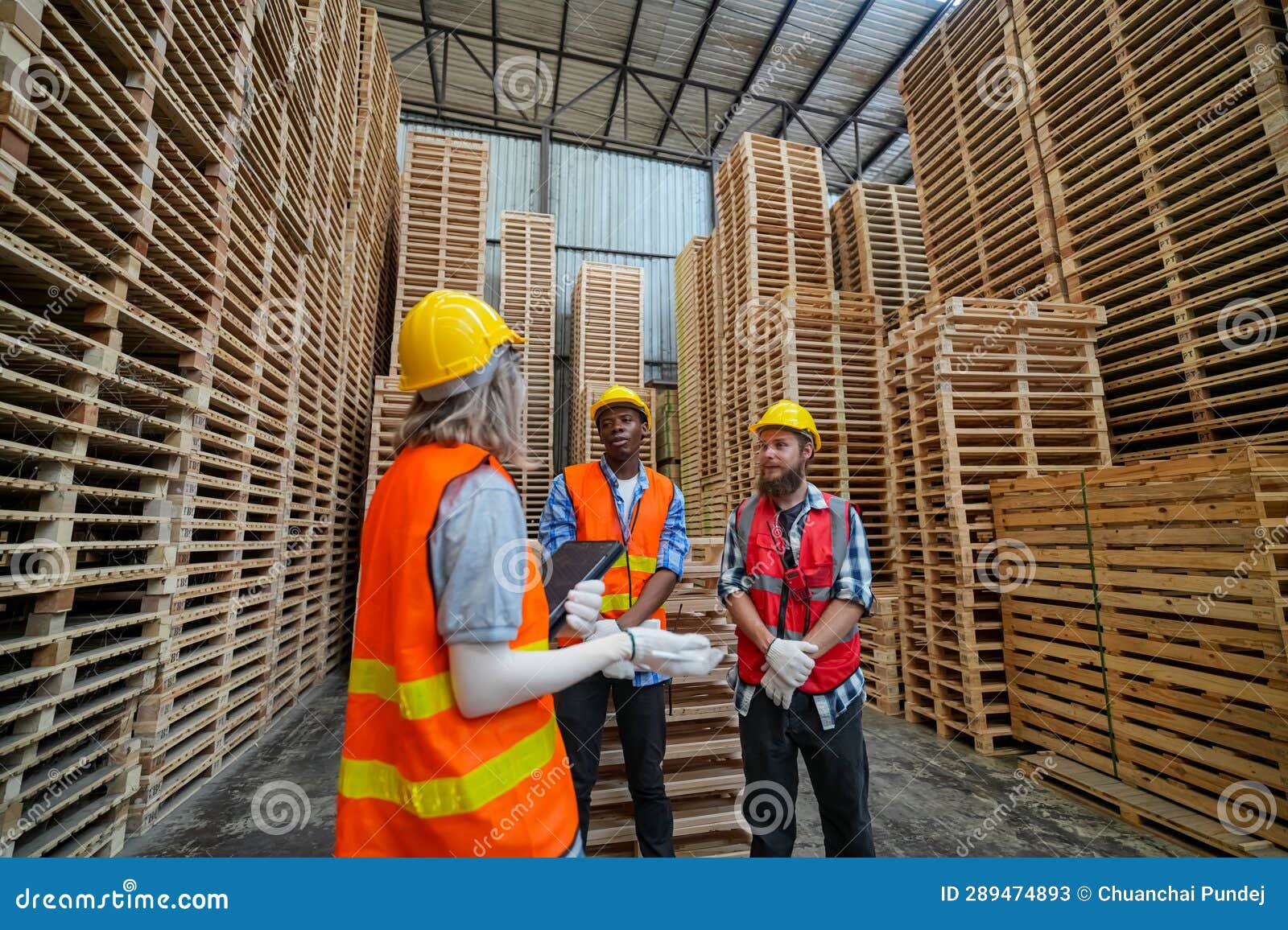 Worker are Working at Lumber Yard in Large Warehouse. Stock Image ...