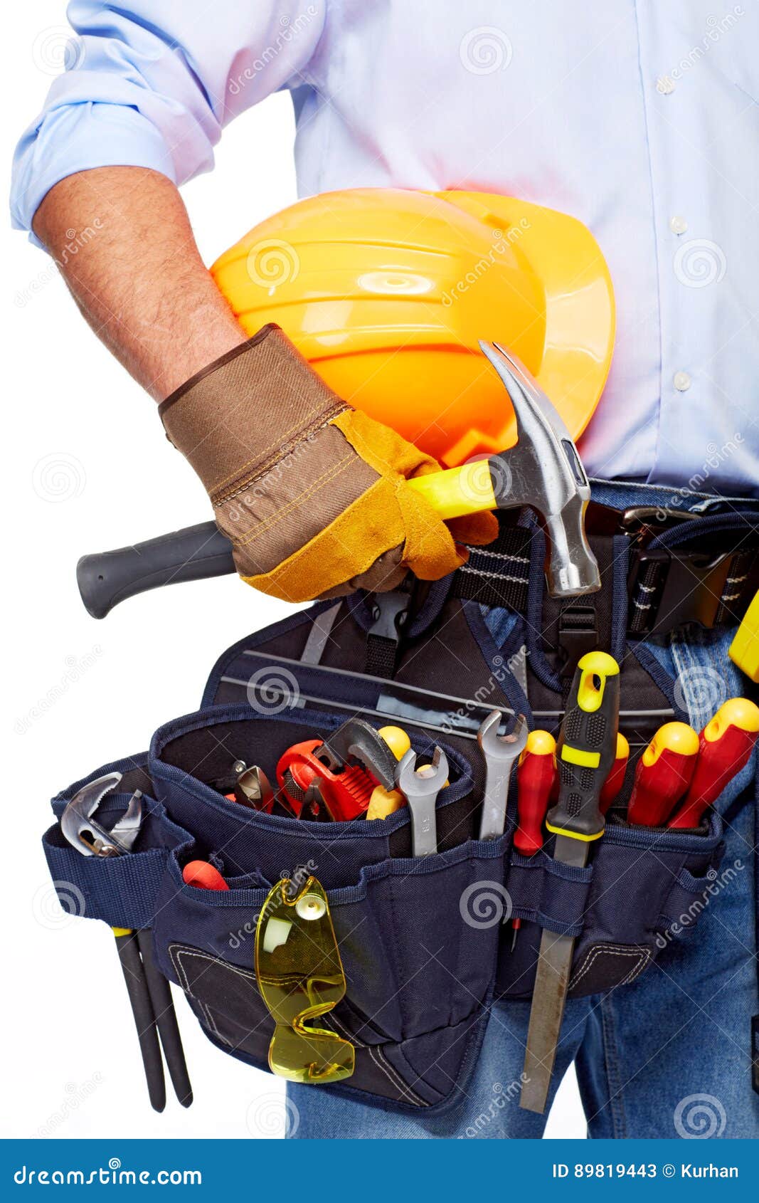Worker with a Tool Belt. Construction. Stock Image - Image of helmet ...