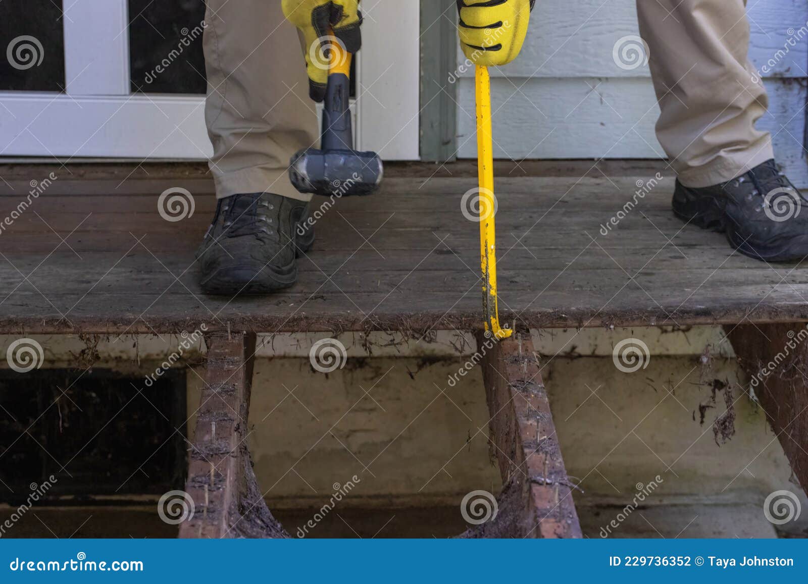 Worker with Tool Ripping Up Old Deck Stock Photo - Image of deck, wood ...