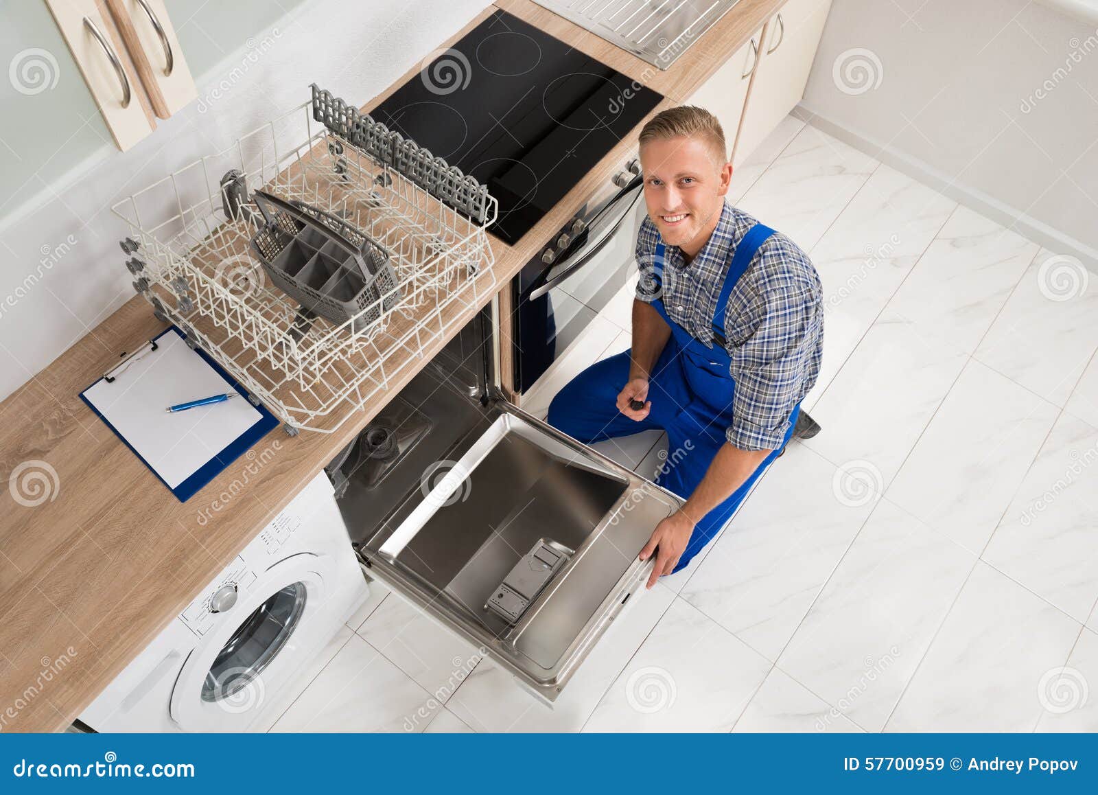 Worker with Toolbox Repairing Dishwasher Stock Image - Image of high ...