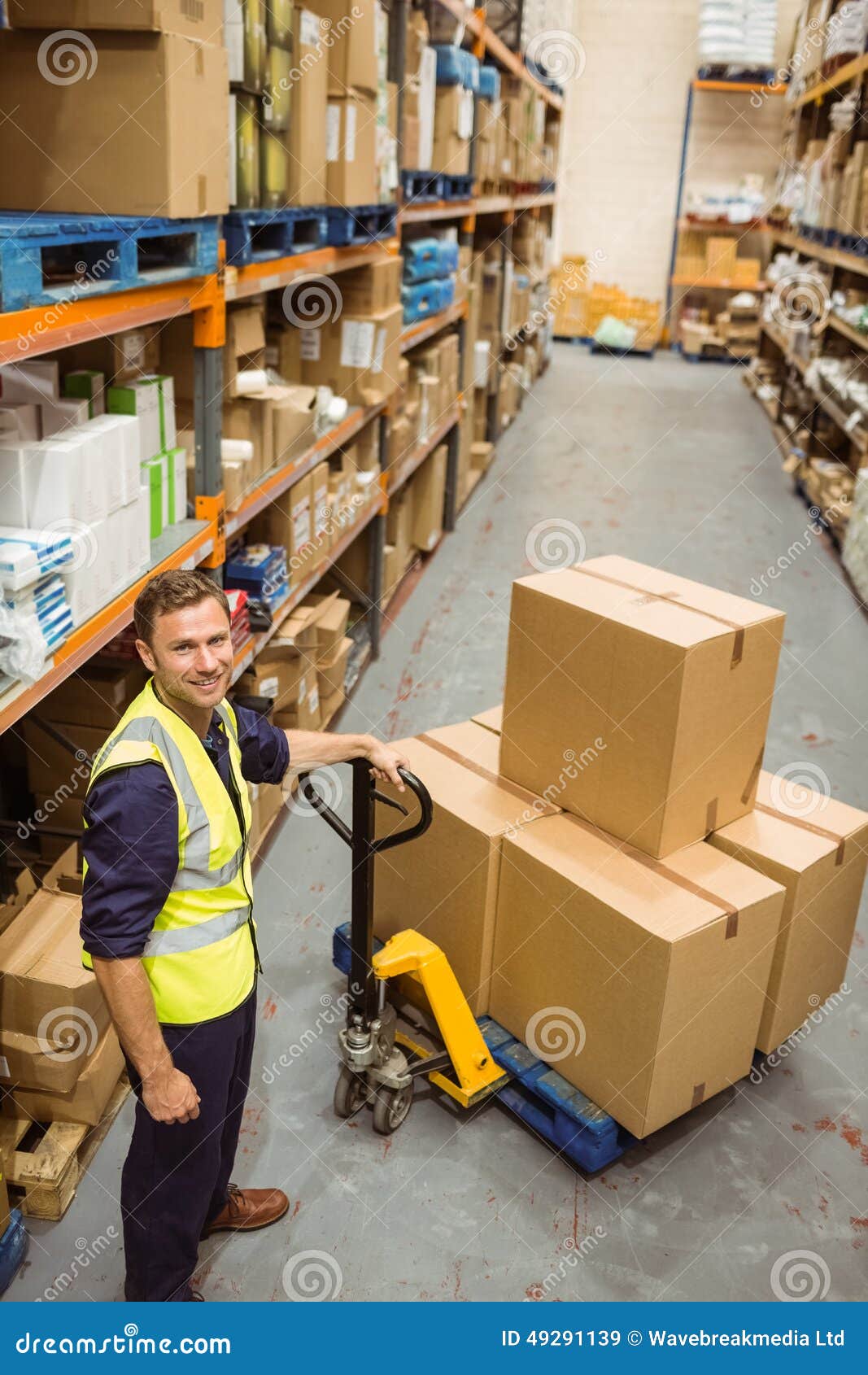 Worker with Trolley of Boxes Smiling at Camera Stock Image - Image of ...