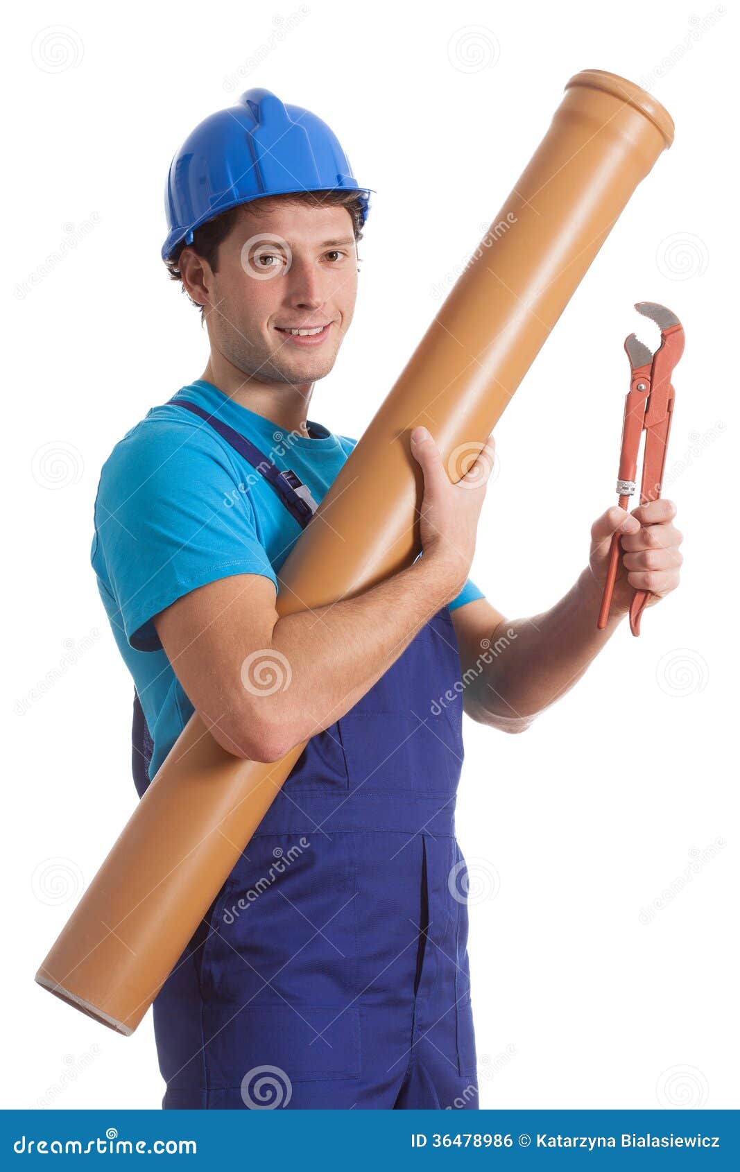 Worker with Tube and Spanner Stock Photo - Image of handsome, blue ...