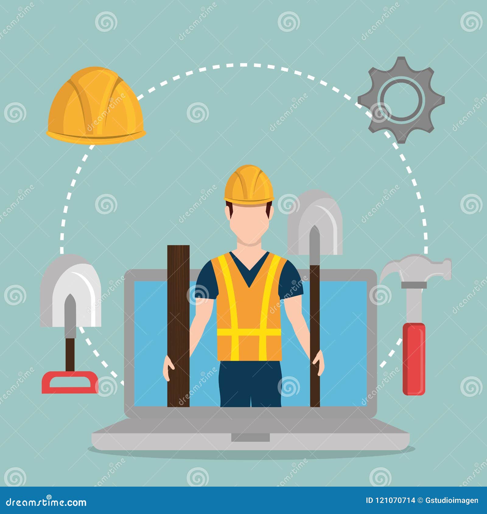 Worker Under Construction with Laptop Stock Vector - Illustration of ...