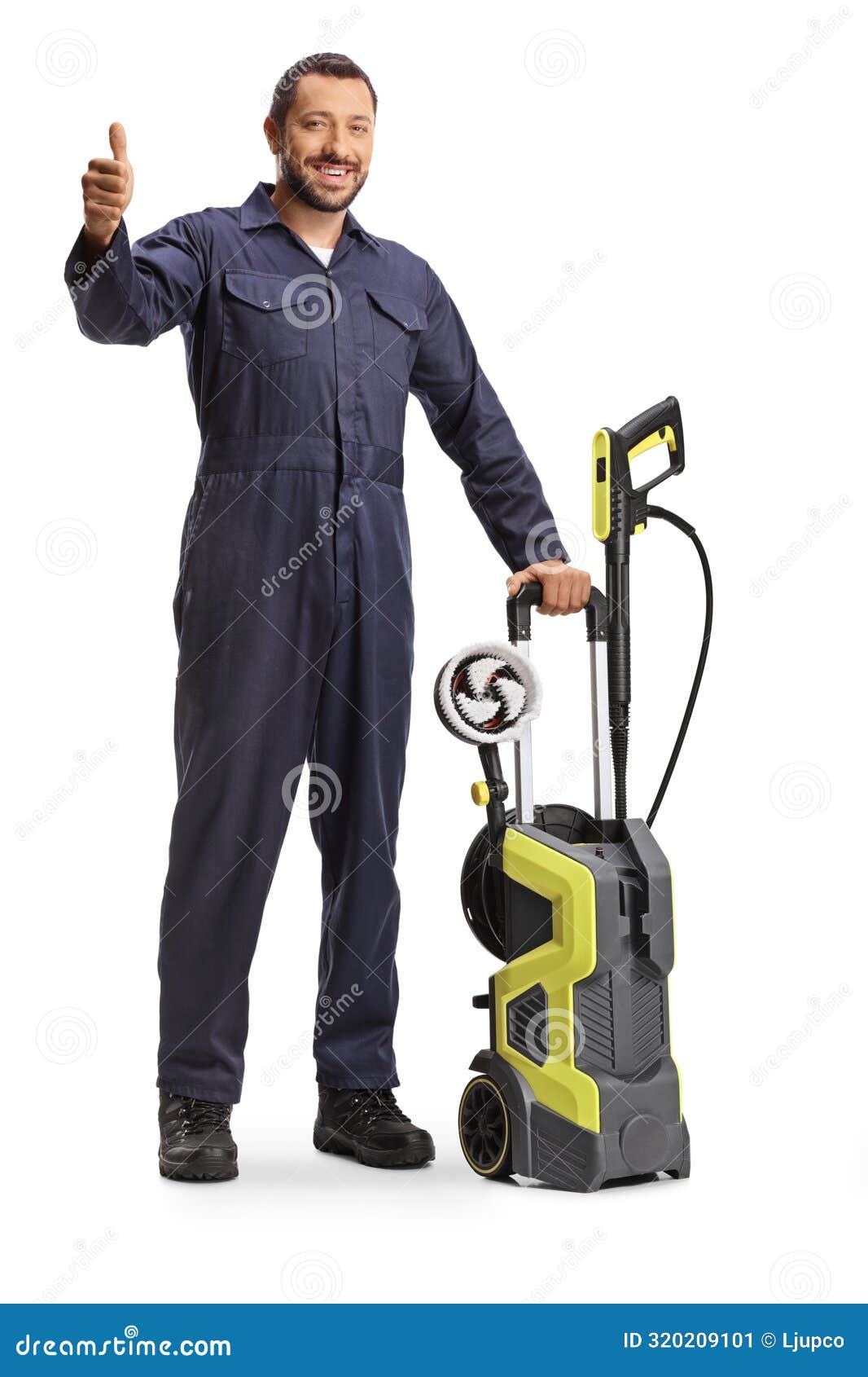 Worker in a Uniform with a High Pressure Washer Machine Gesturing ...
