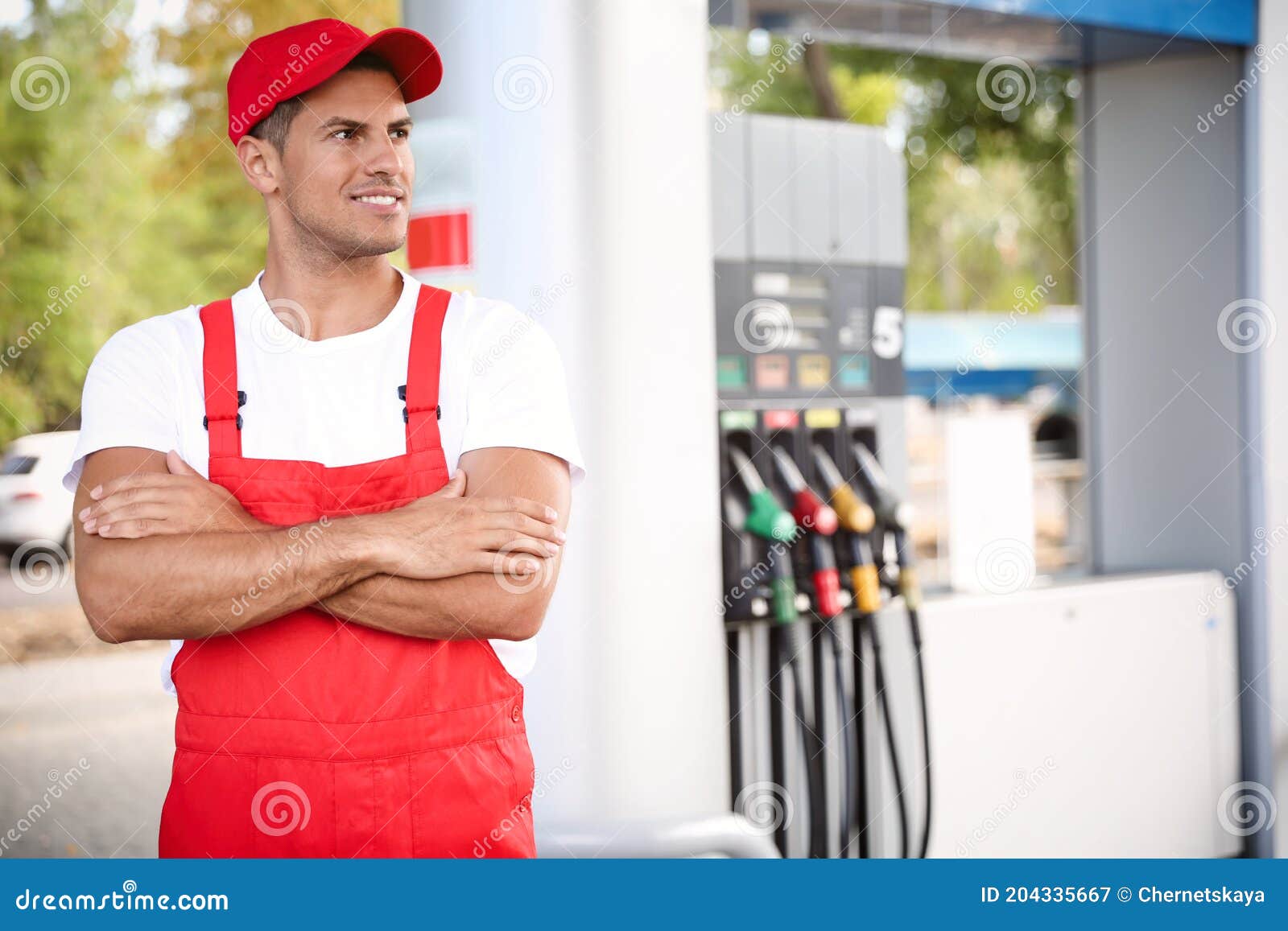 Worker in Uniform at Modern Gas Station Stock Image - Image of ...