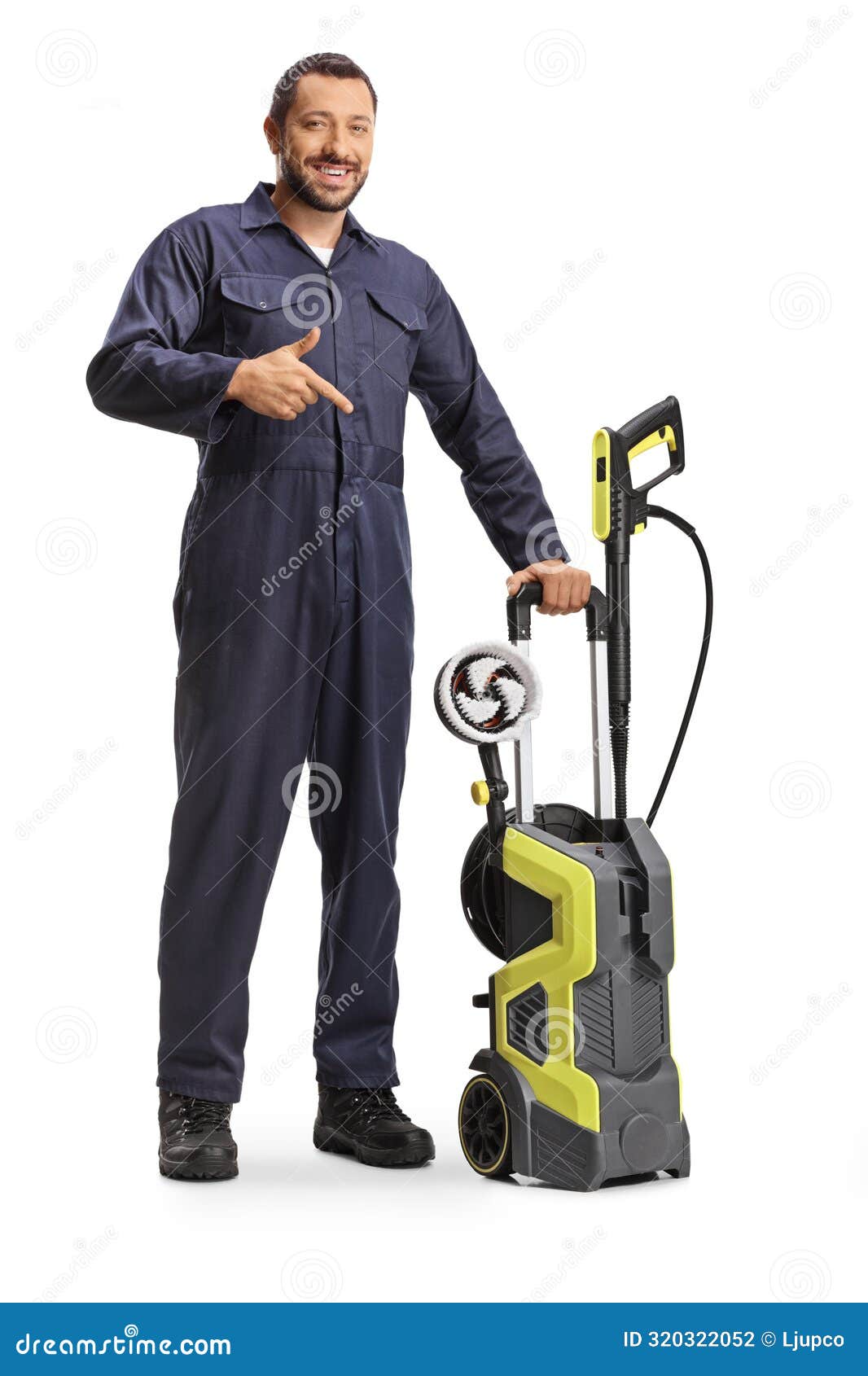 Worker in a Uniform Pointing at a High Pressure Washer Machine Stock ...