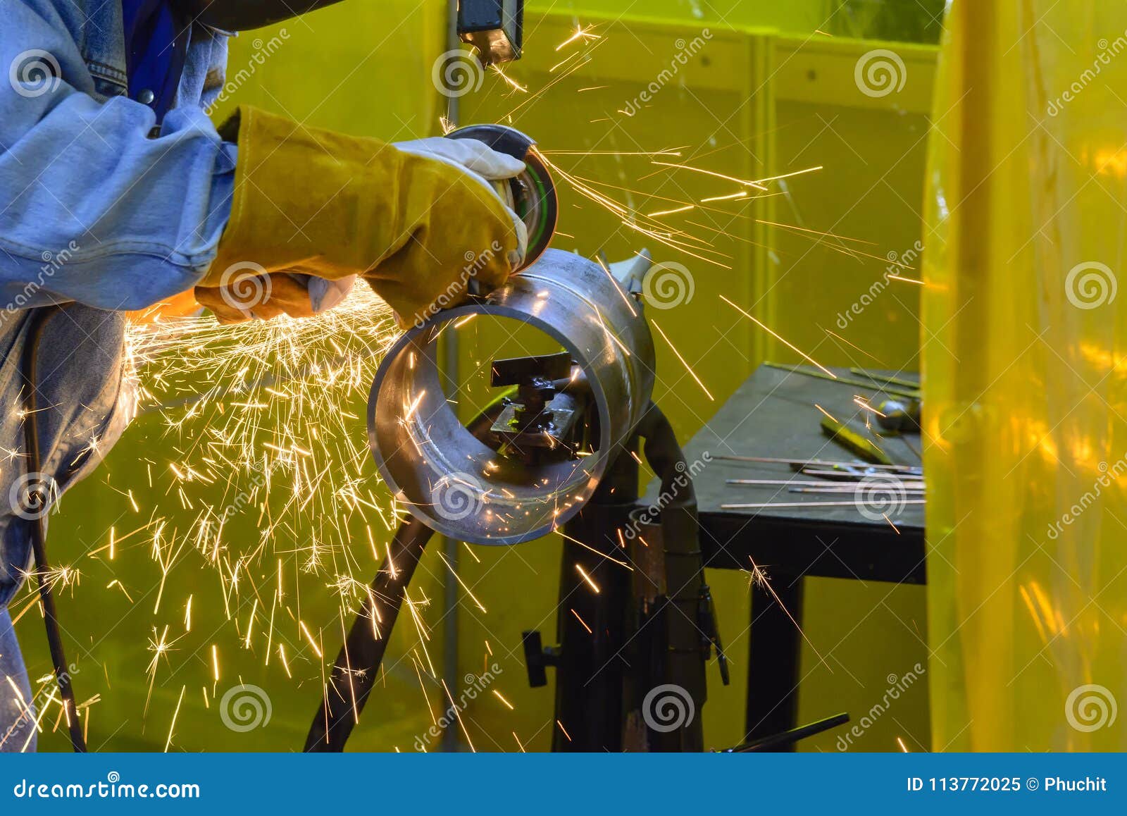 Worker Use Hand Grinder Machine Stock Image - Image of building ...