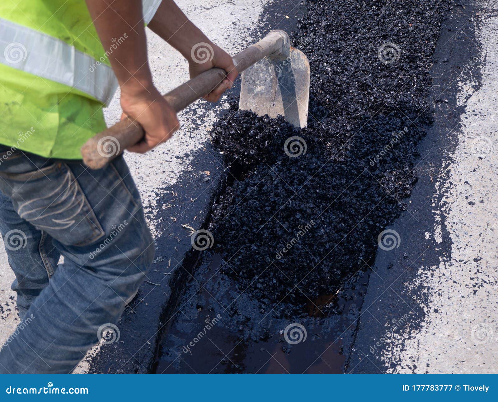 Worker Use Vibratory Plate Compactor Compacting Asphalt at Road Stock ...
