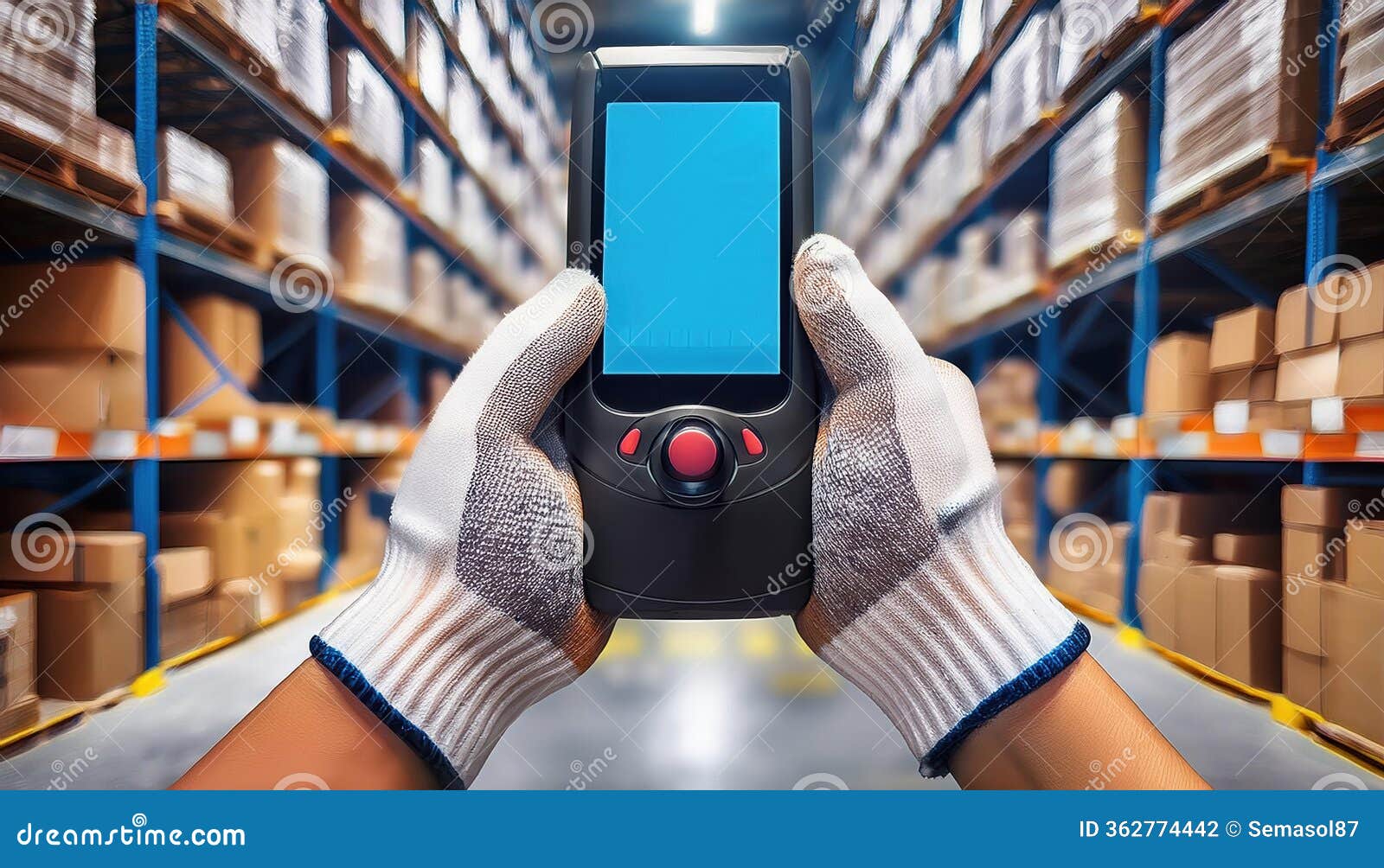 Worker Uses Handheld Scanner in a Warehouse for Inventory Management ...