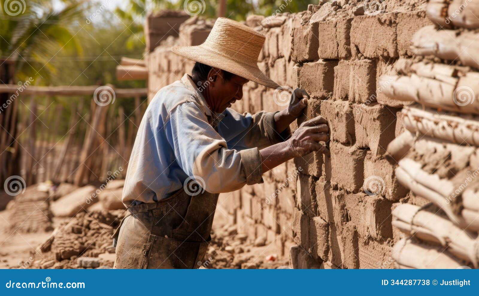 A Worker Using Adobe Bricks Made from a Mixture of Soil Water and ...