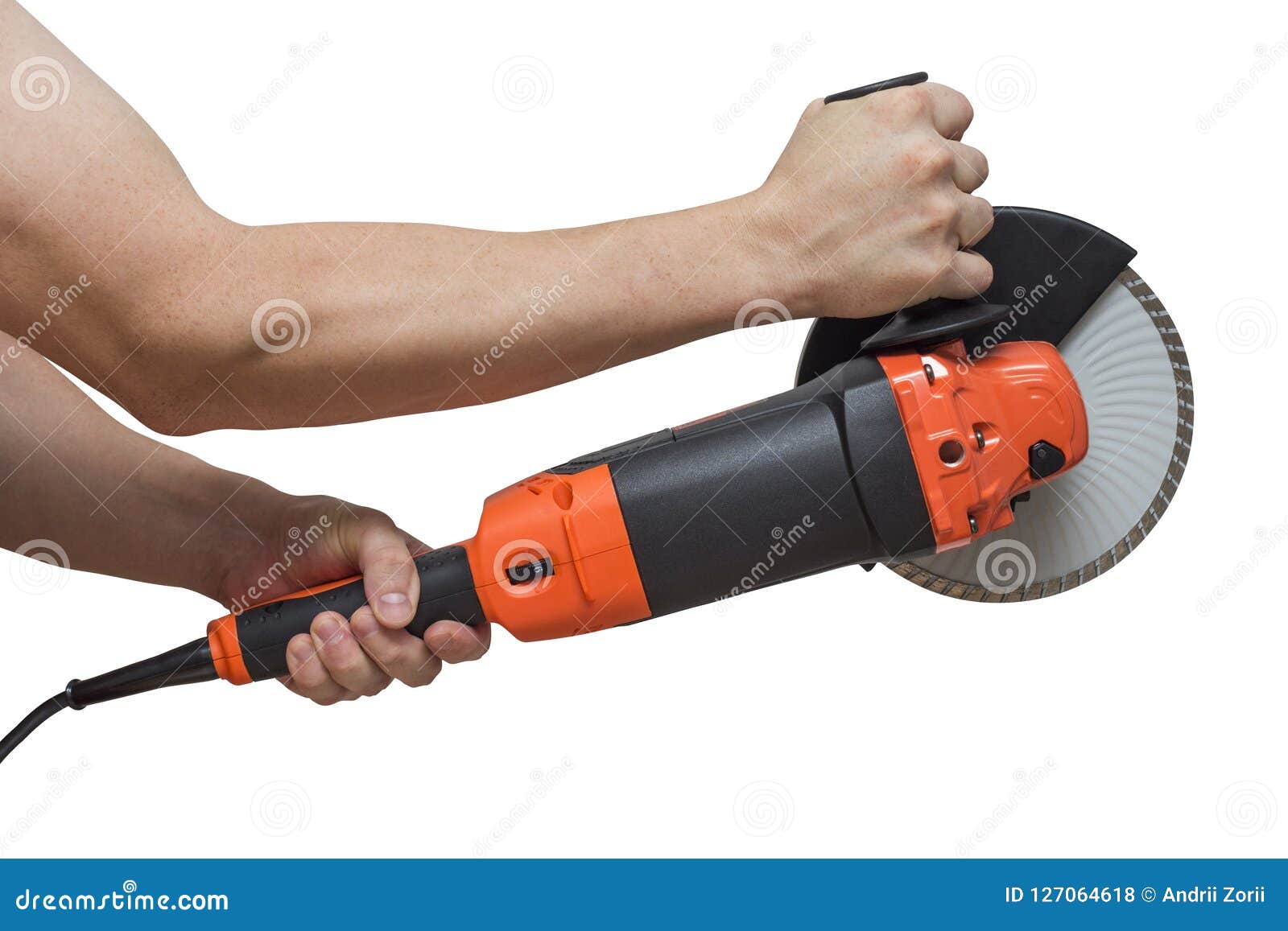 Worker is Using Angle Grinder, Hand Tool, Isolated Over White. Angle ...