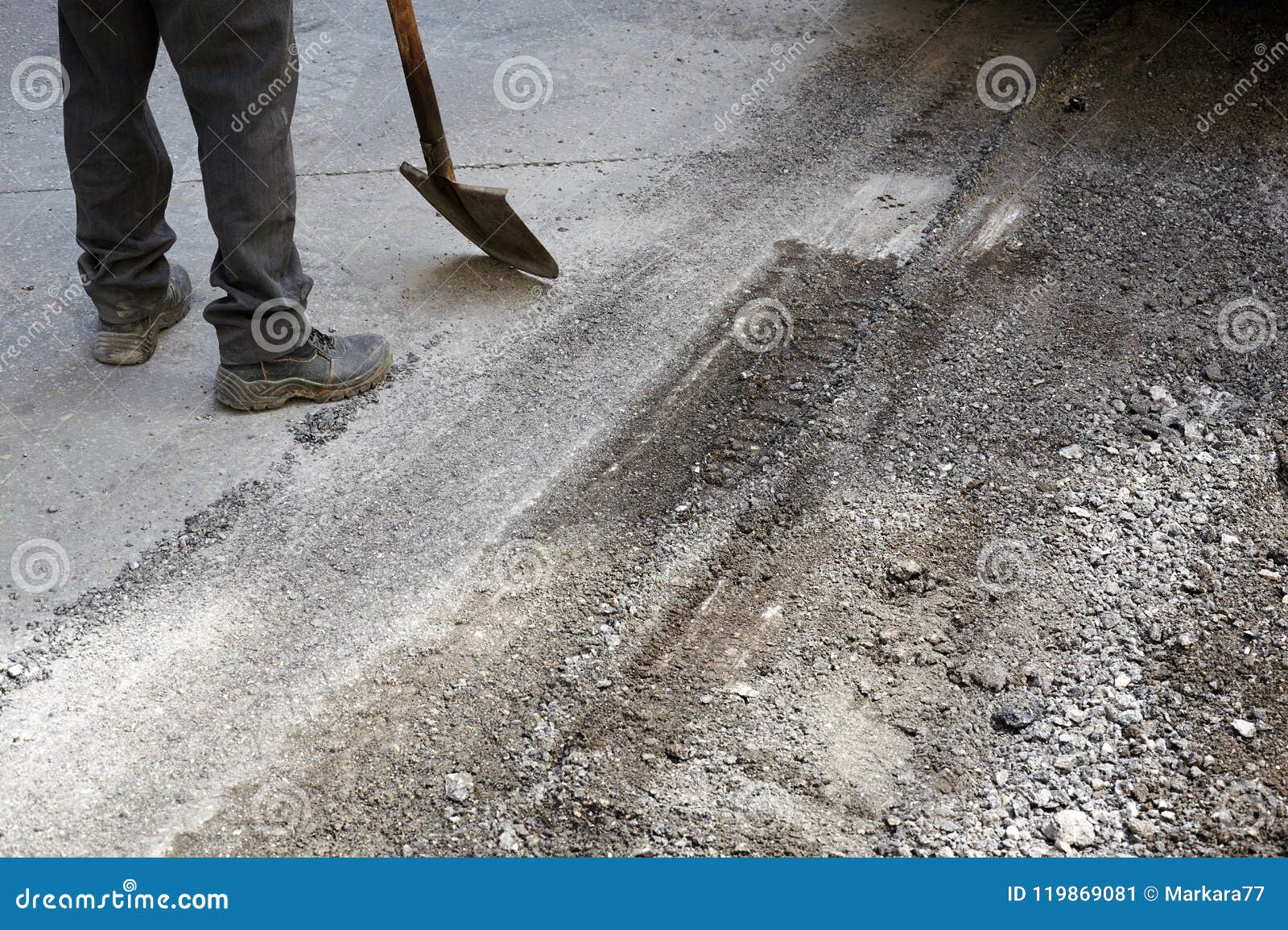 Worker Using Asphalt Paver Tool during Road Construction. Stock Image ...