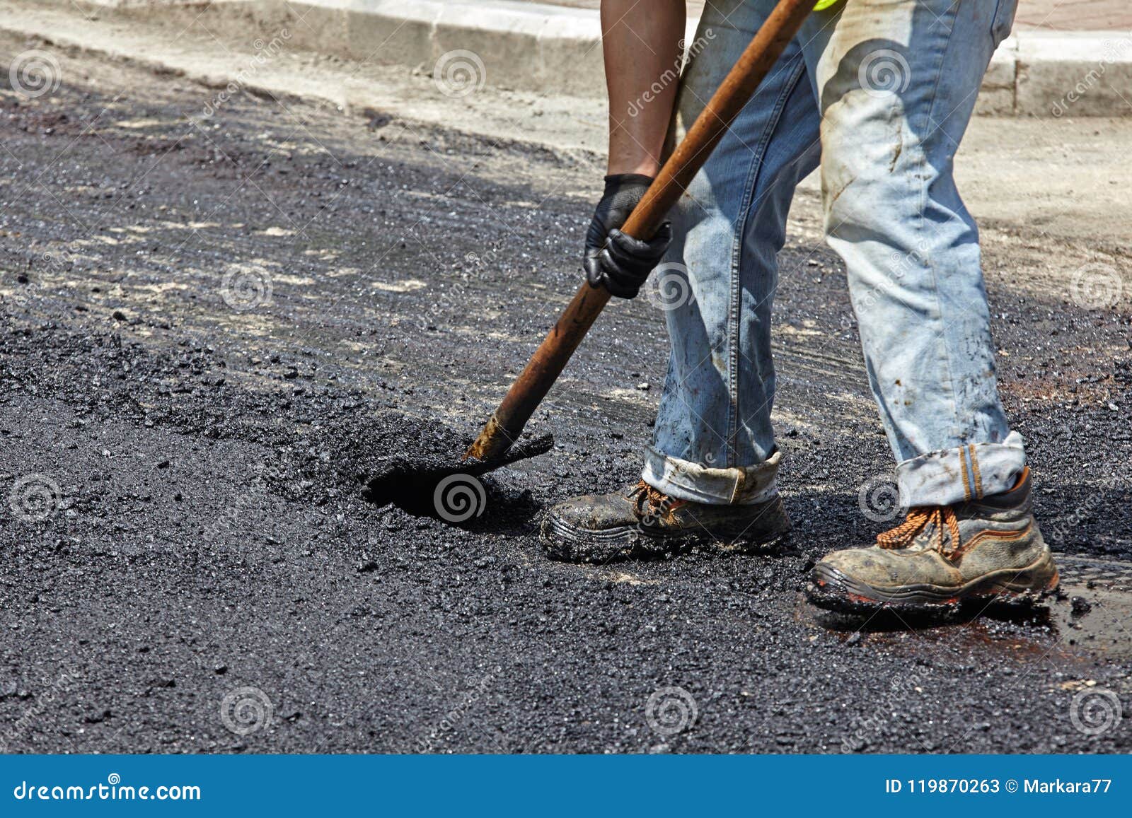 Worker Using Asphalt Paver Tool during Road Construction. Stock Image ...