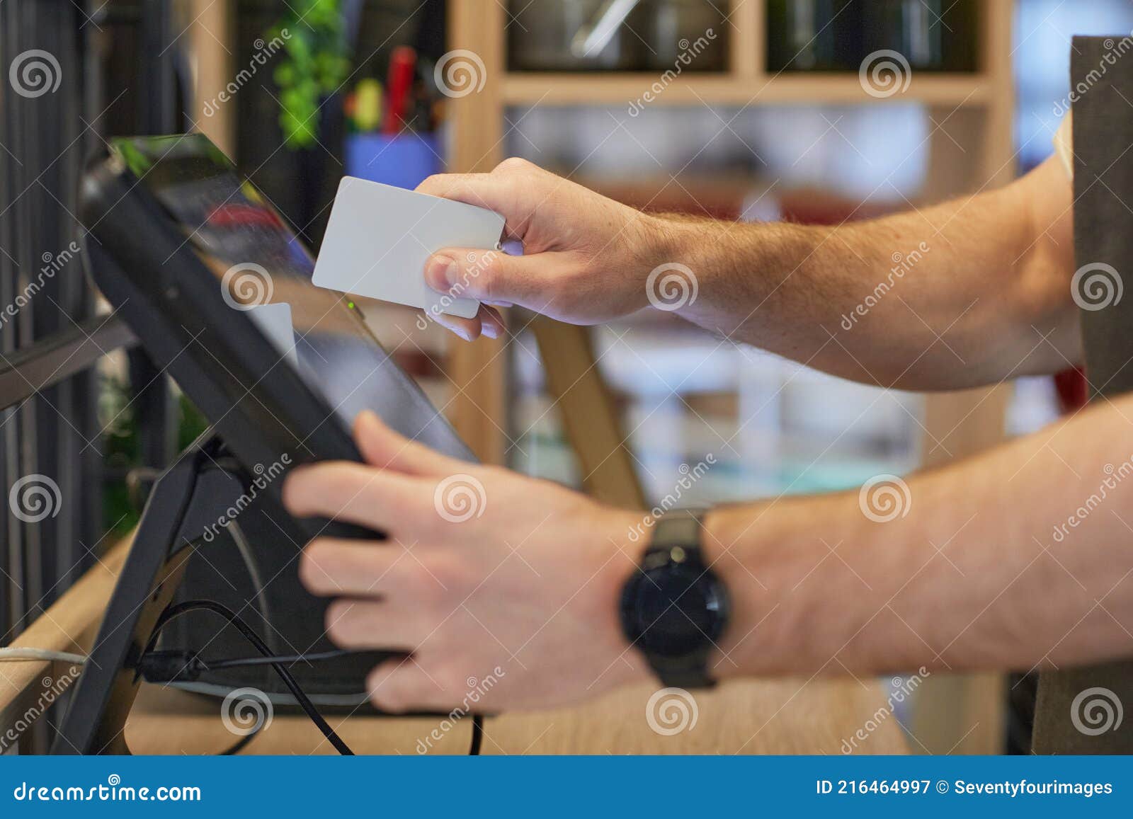 Worker Using Cash Register in Cafe Stock Image - Image of mobile, males ...