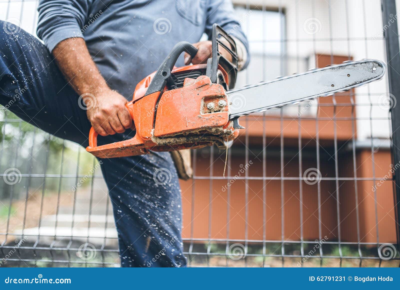Worker Using Chainsaw for Cutting Timber Wood, Portrait with Tools ...
