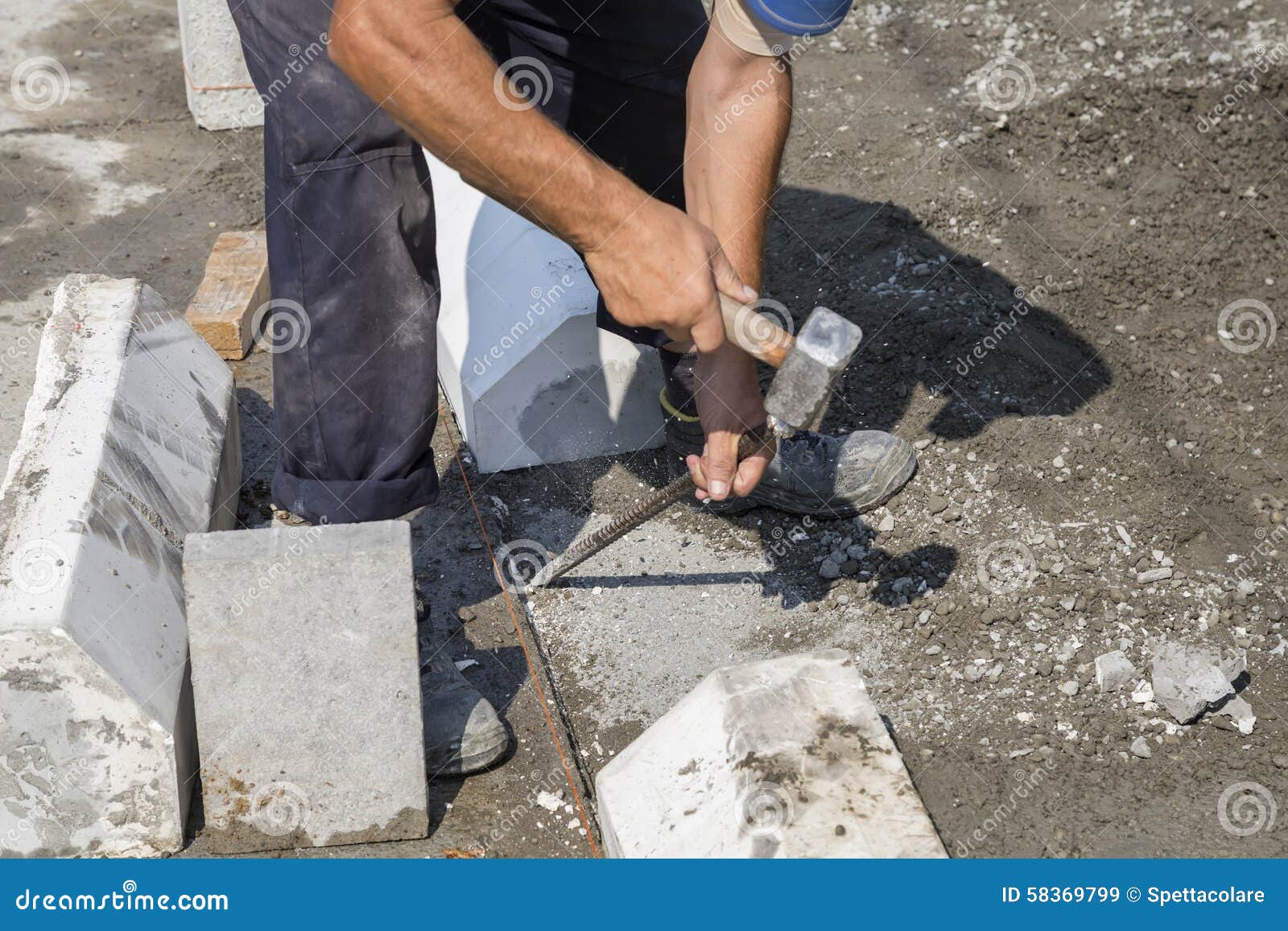 Worker Using Chisel and Hammer for Paving Work 2 Stock Image - Image of ...