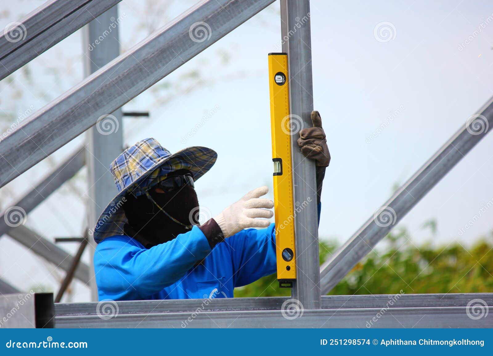 Worker Using Construction Bubble Level Checking the Steel Structure in ...