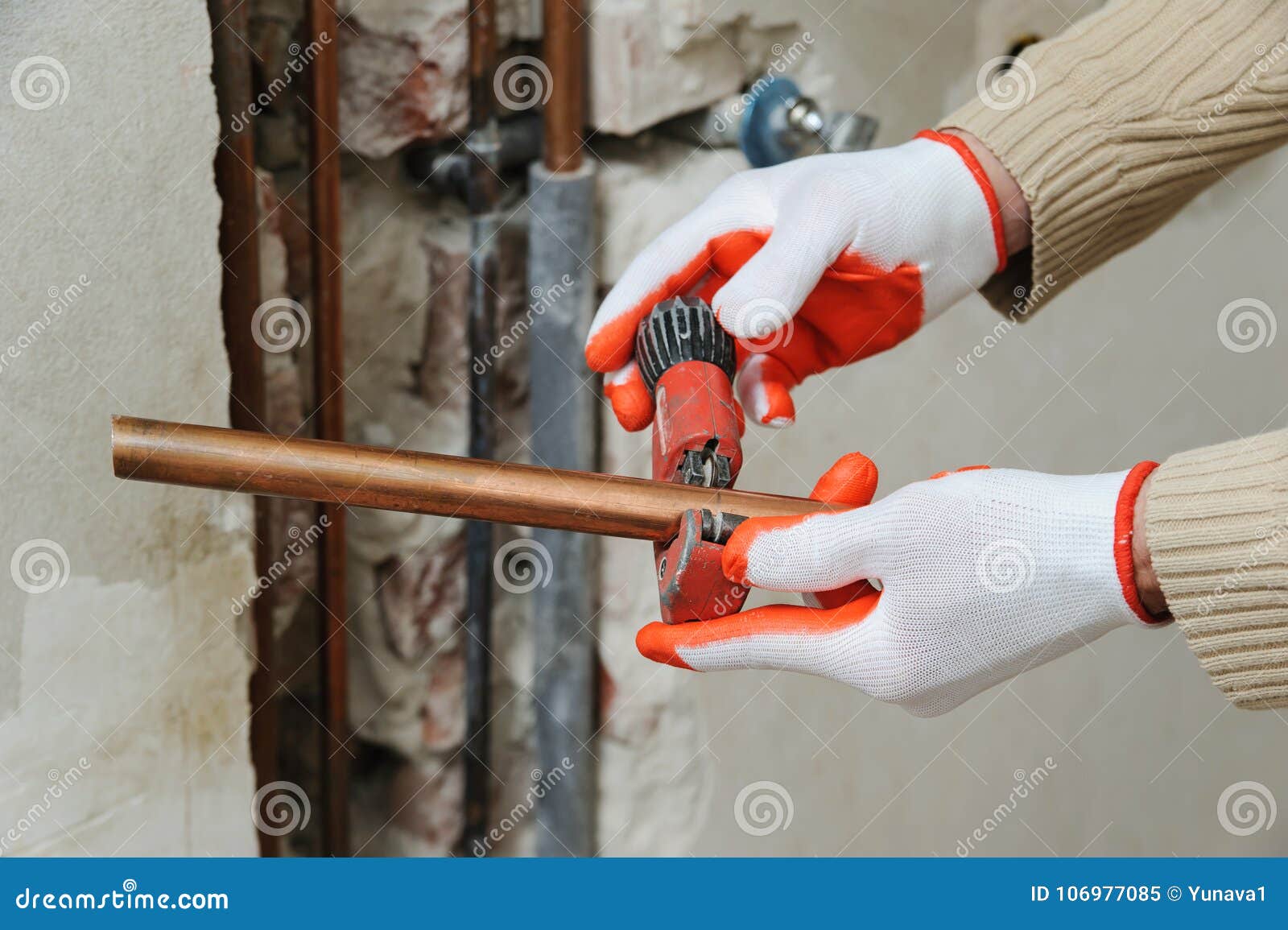 Installation of Heating from Copper Pipes. Stock Image - Image of ...
