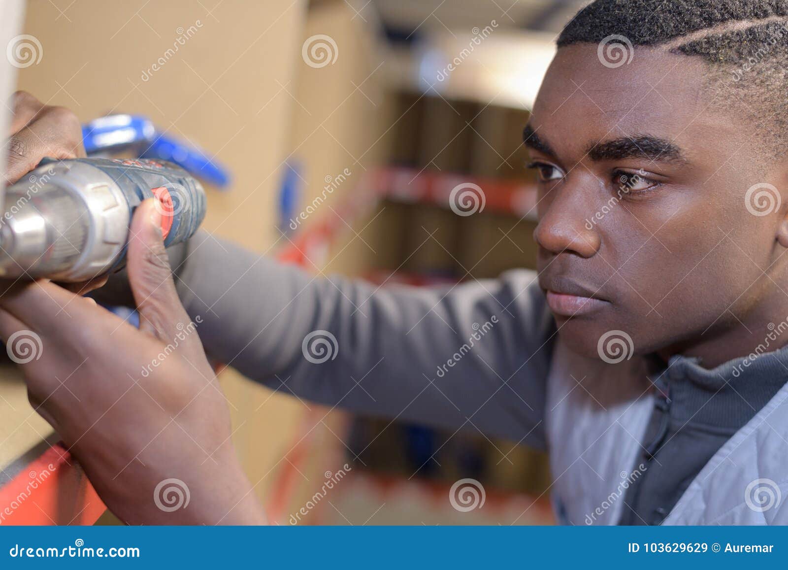 Worker Using Drill at Workplace Stock Image - Image of safety ...