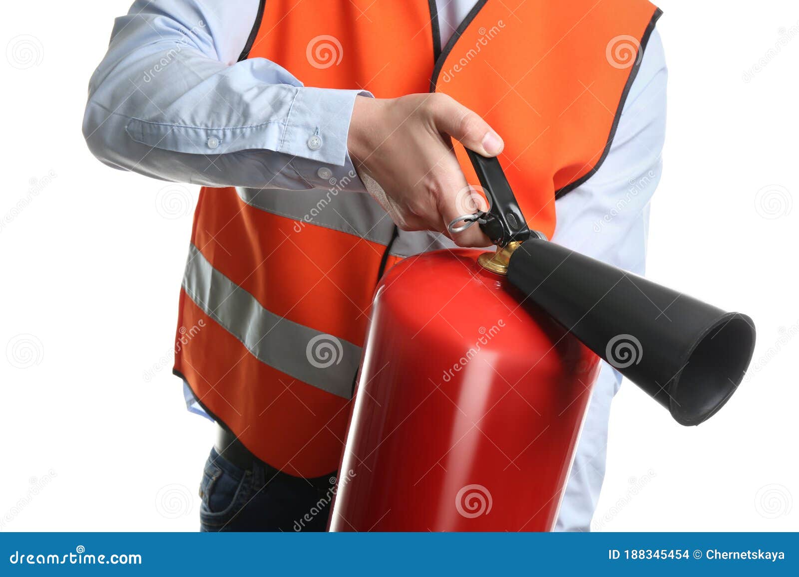 Worker Using Fire Extinguisher on Background, Closeup Stock Photo ...
